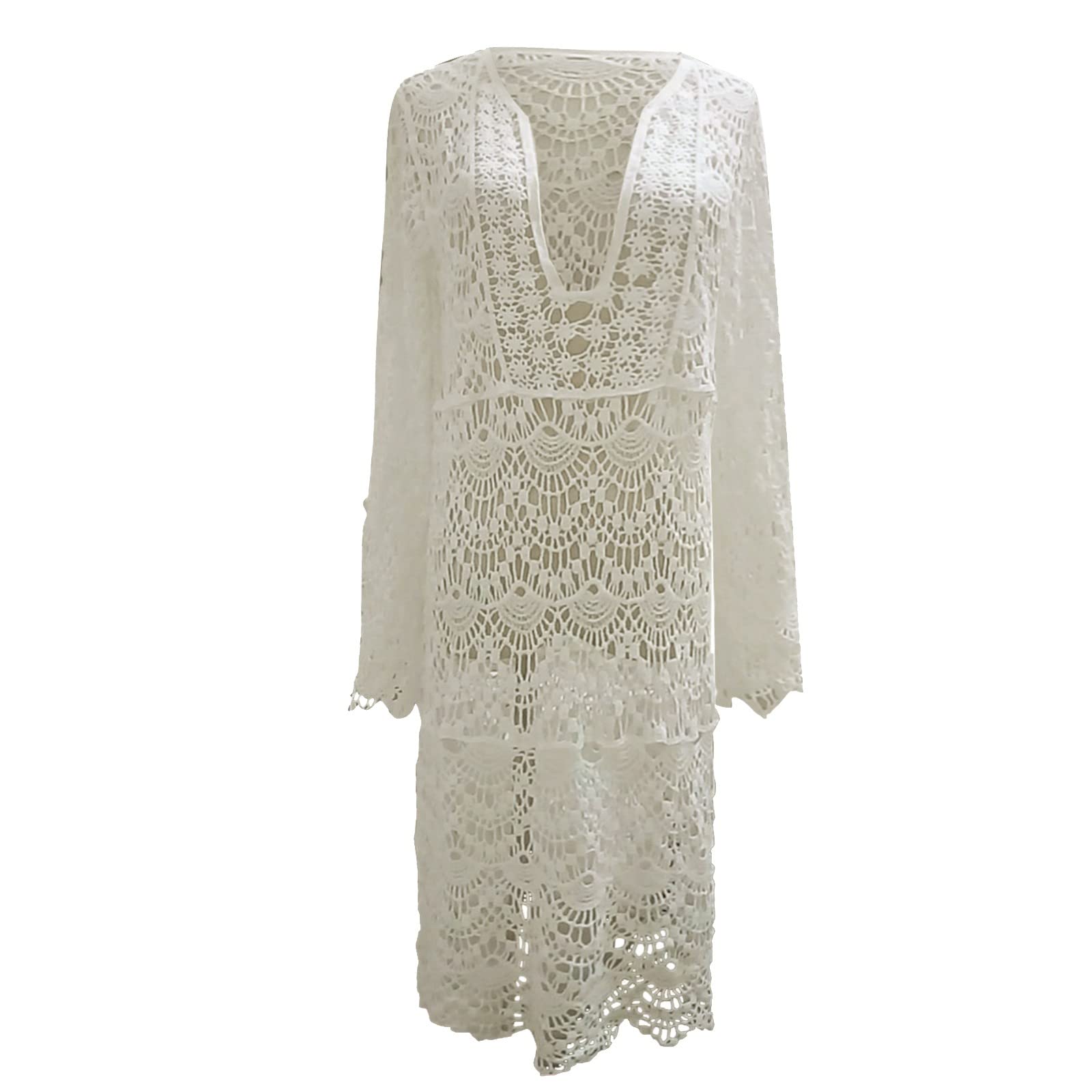 Cnebo A Line Dresses for Women Wedding Guest Women's Hollow Crochet Seaside Holiday Beach Smock Coat Swimsuit Smock Long Beige