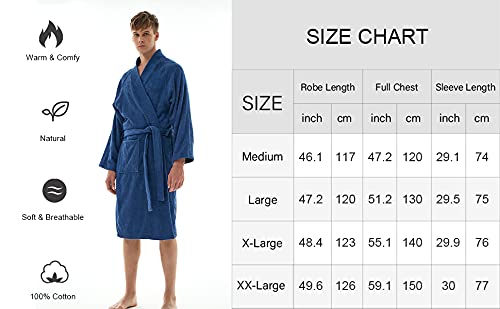 Ghui Terry Bathrobe Men,100% Cotton Terry Cloth Robes with Kimono Collar ,Thick Plush Towel Robe, Navy, XX-Large-3X-Large