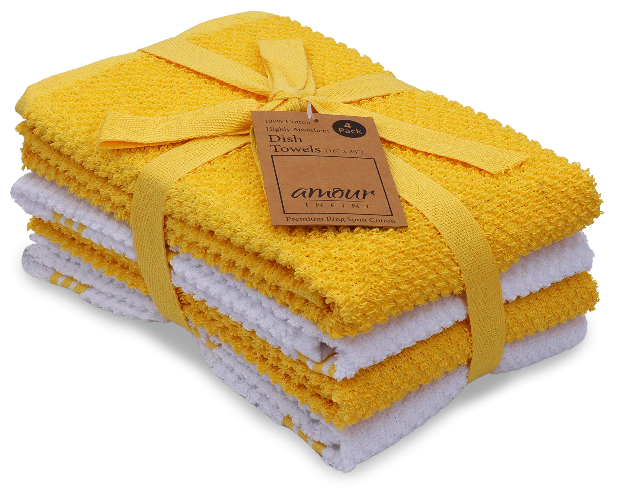 AMOUR INFINI Kitchen Towels Pack of 4 Absorbent, Quick Drying Premium Terry Cotton Dish Towel with Hanging Loop 16x28 Inch Hand & Tea Towels (Yellow)