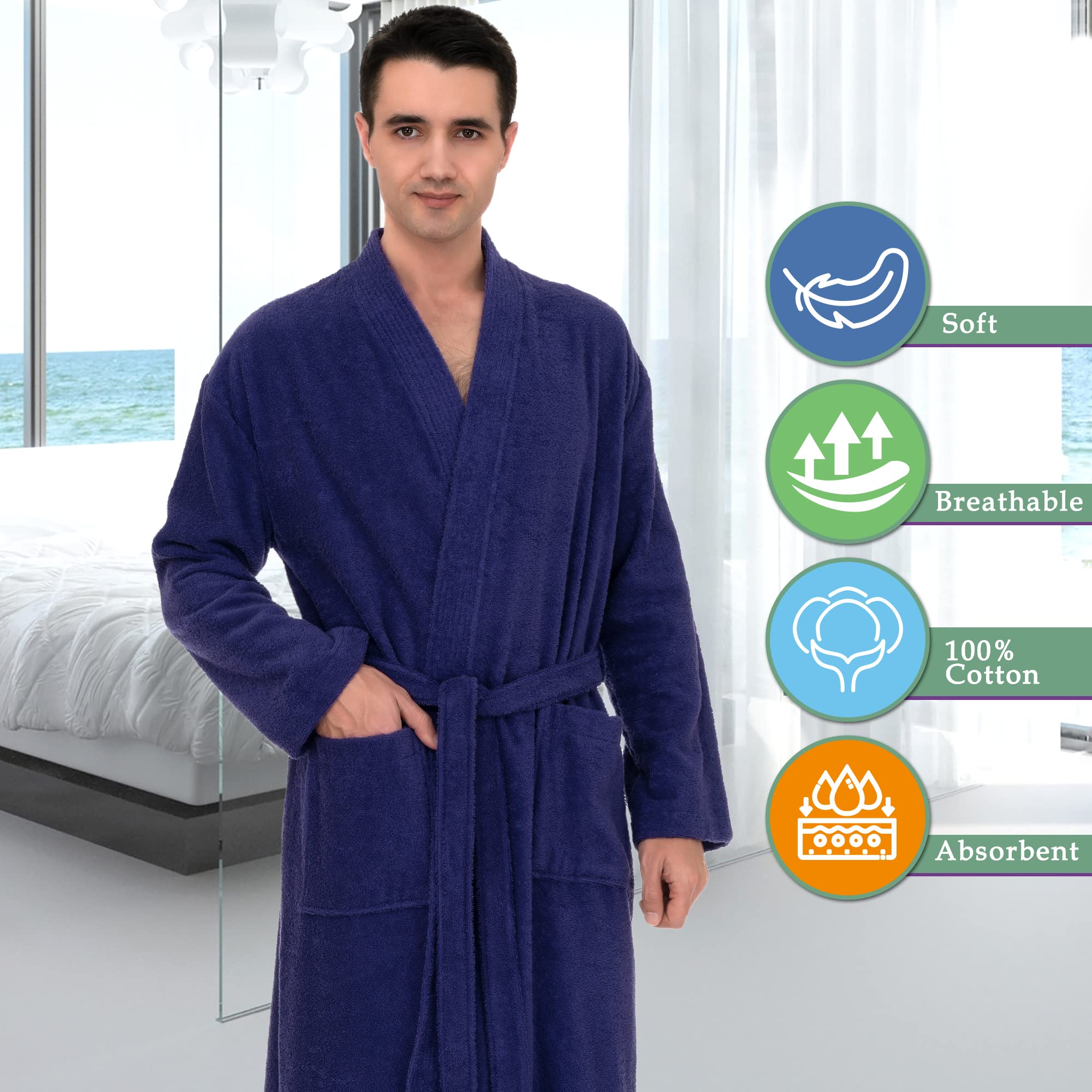 TowelSelections Mens Robe, Kimono Terry Cloth Bathrobe, Cotton Bath Robe for Men Large/X-Large Blue Heaven