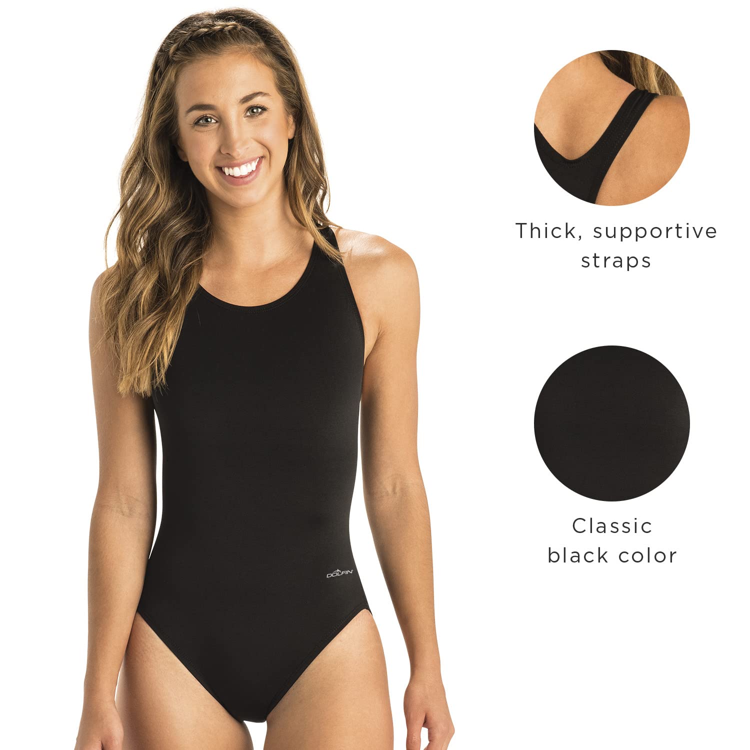Dolfin Basics Women's Swimwear Athletic One Piece Swimsuit for Training, Sports, Fitness (Black, L)