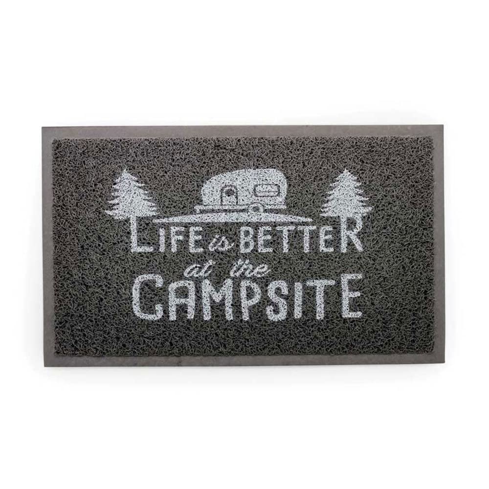Camco Life is Better at The Campsite Scrub Mat - 26.5" by 15" - Non-Slip Backing - Gray/White - 53200