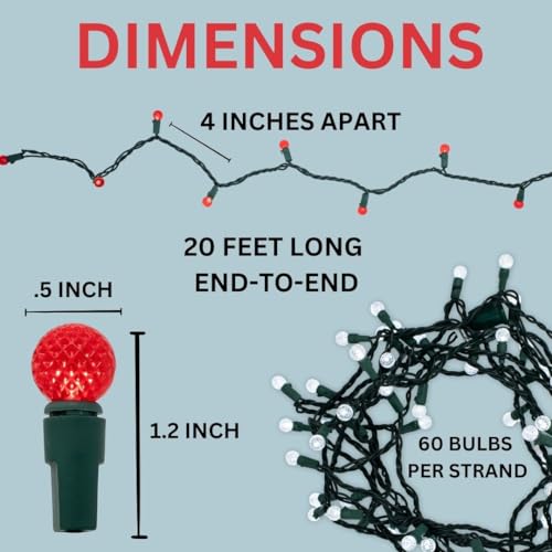 LED Christmas Tree Lights 60 Count, G12 Globe Indoor Outdoor String Lights, 20ft Green Wire Mini Ball, UL Certified (Red)