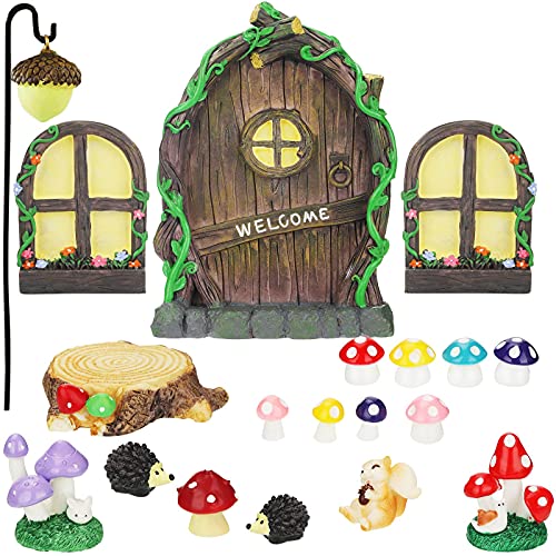 Jetec 21 Pieces Fairy Door and Window, Trees with 2 Window and Light Yard Sculpture Decoration for DIY Micro Landscape Ornament Kid Room, Wall and Tree Outdoor Miniature Fairy Garden Accessories