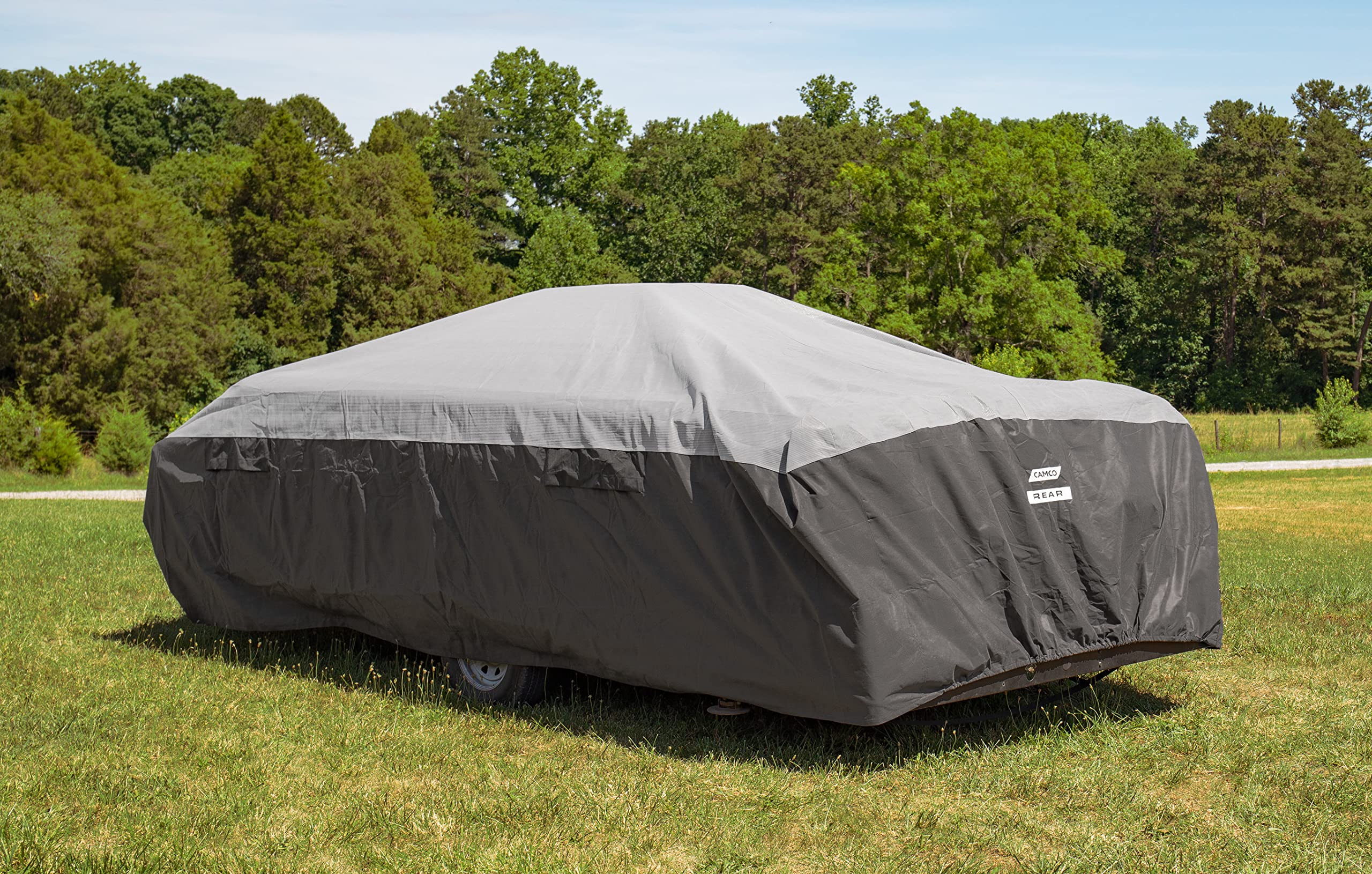 Camco ULTRAGuard 8-10-Ft Pop-Up Camper/RV Cover - Features Covered Air Vents & Cinching Straps - Crafted of Spunbond Polypropylene - Includes Storage Bag for RV Storage and Organization (45761)