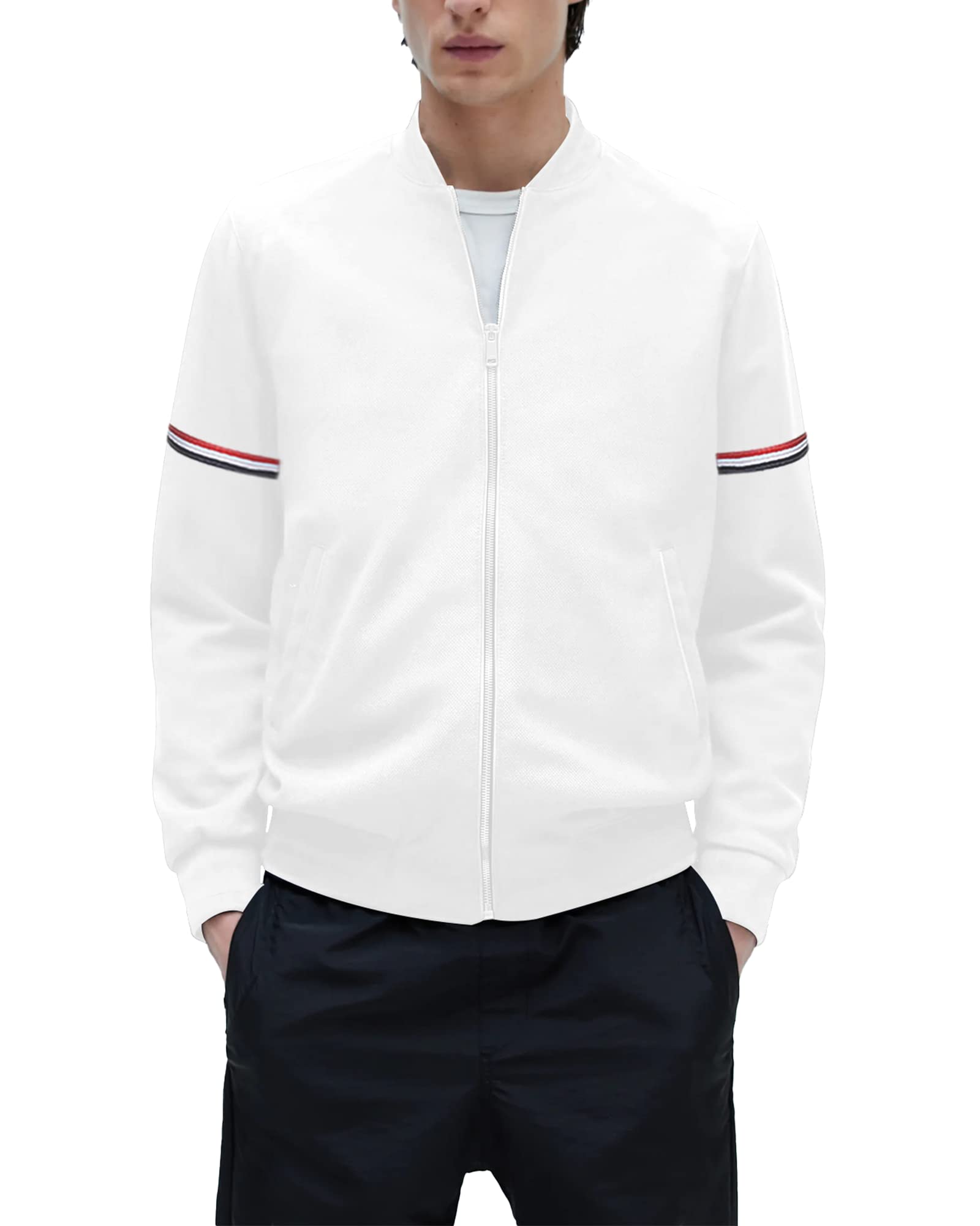 TUVEKE Men's Lightweight Jackets White Mens Bomber Jackets Spring Fall Full-Zip Polar Fleece Jacket Casual Outwear Coat XL