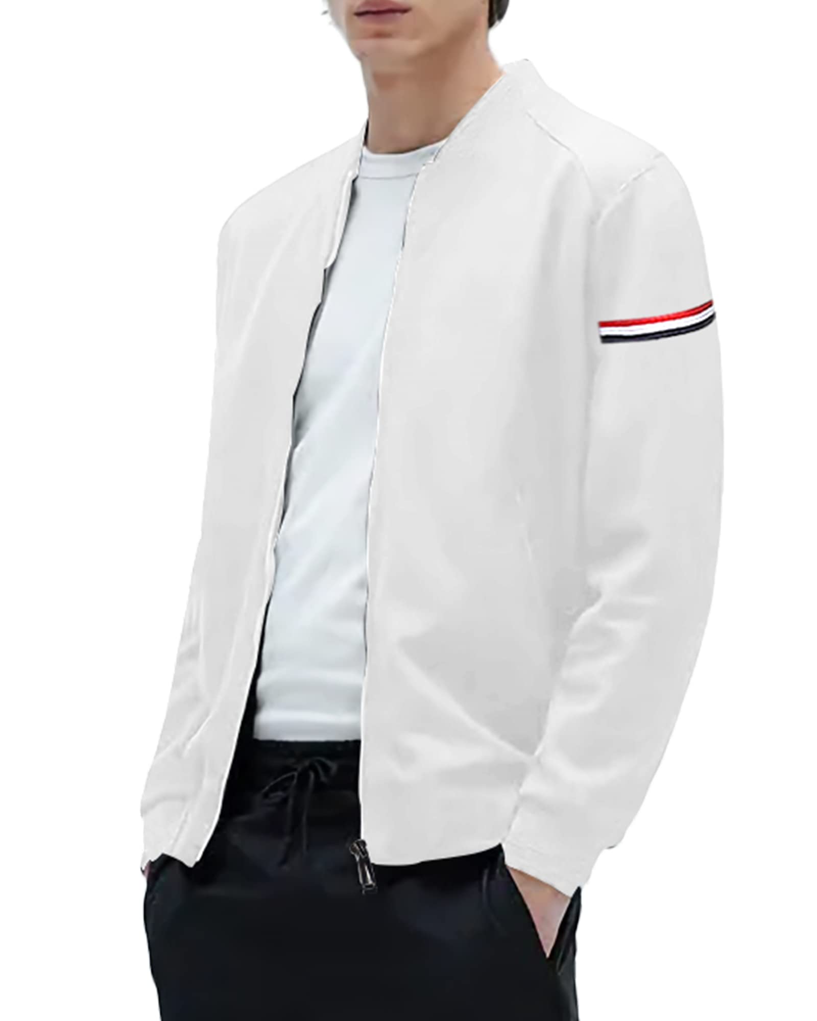 TUVEKE Men's Lightweight Jackets White Mens Bomber Jackets Spring Fall Full-Zip Polar Fleece Jacket Casual Outwear Coat XL