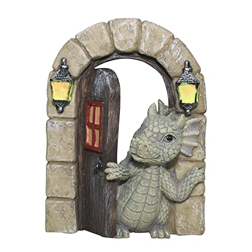 Dragon Garden Ornament Resin Craft Ornament Statue Fairy door for wall Fairy door Yard art outdoor and garden Solar Light Luminous Sand Open Door Dragon Wall Statue Outdoors Decor (Open the door)
