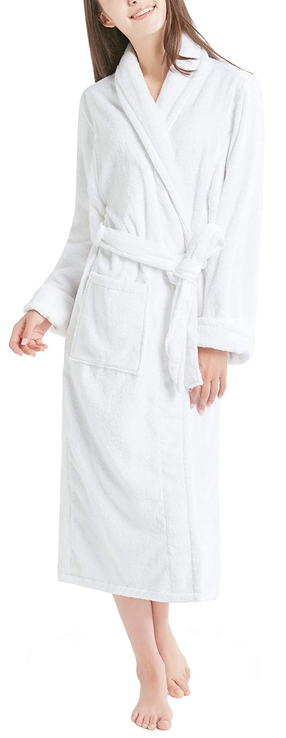 INK+IVY Soft Kimono Robes for Women Terrycloth Ladies Bathrobe with Pocket and Belt, Collar & Cuff Trim, White L/XL