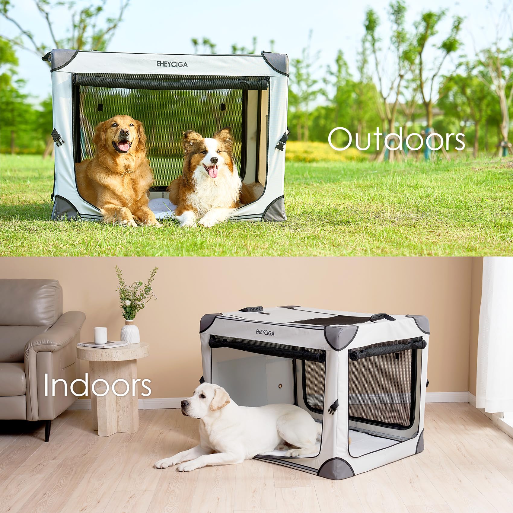 EHEYCIGA Portable Dog Travel Crate 42 Inches, Collapsible Dog Crate for Extra Large Dogs, Soft Foldable Dog Kennel with 4-Door Mesh Windows Indoor & Outside, Grey