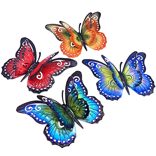 Metal Butterfly Wall Decor- 6.5'' 3D Metal Colorful Hanging Double Wings Butterflies for Garden Yard Decoration Outdoor or Indoor (4 Pack)