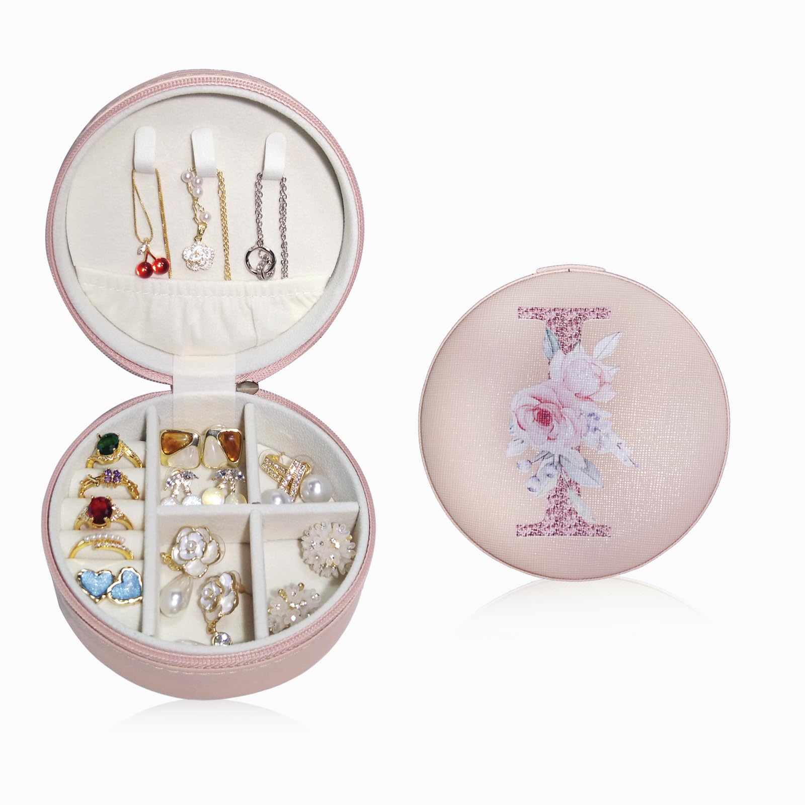 Travel Jewelry Case Travel Portable Personalized Pink Flower Jewelry Box for Necklace Earring Ring Organizer Storage Holder Boxes Accessory Unique Birthday Gifts for Women Teen Girls Initial I