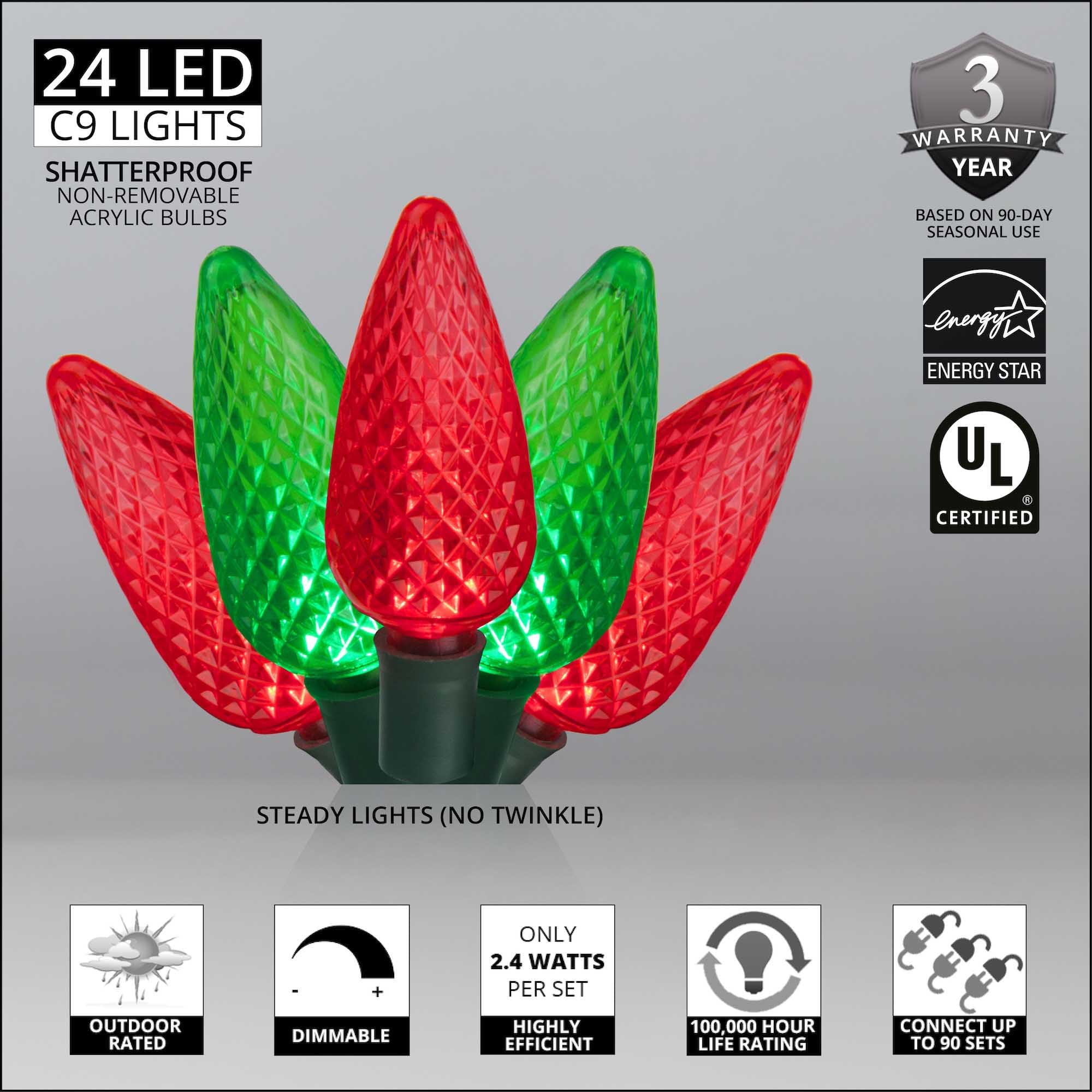 C9 Red and Green Christmas Lights Set of 24, 16.3 Ft, LED String Lights C9 Christmas Lights Red-Green Indoor-Outdoor LED Christmas Lights, IOS-4-24