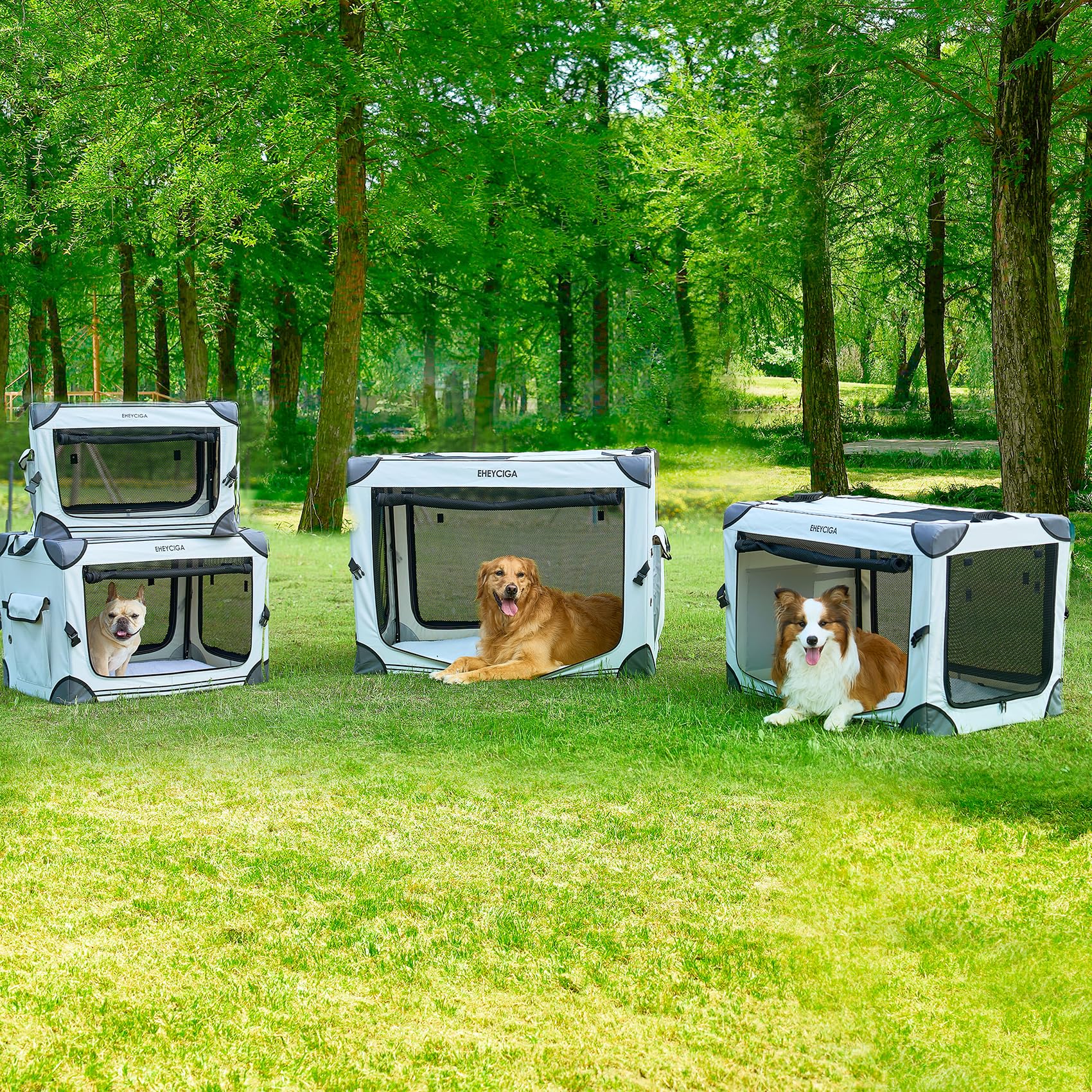 EHEYCIGA Portable Dog Travel Crate 42 Inches, Collapsible Dog Crate for Extra Large Dogs, Soft Foldable Dog Kennel with 4-Door Mesh Windows Indoor & Outside, Grey