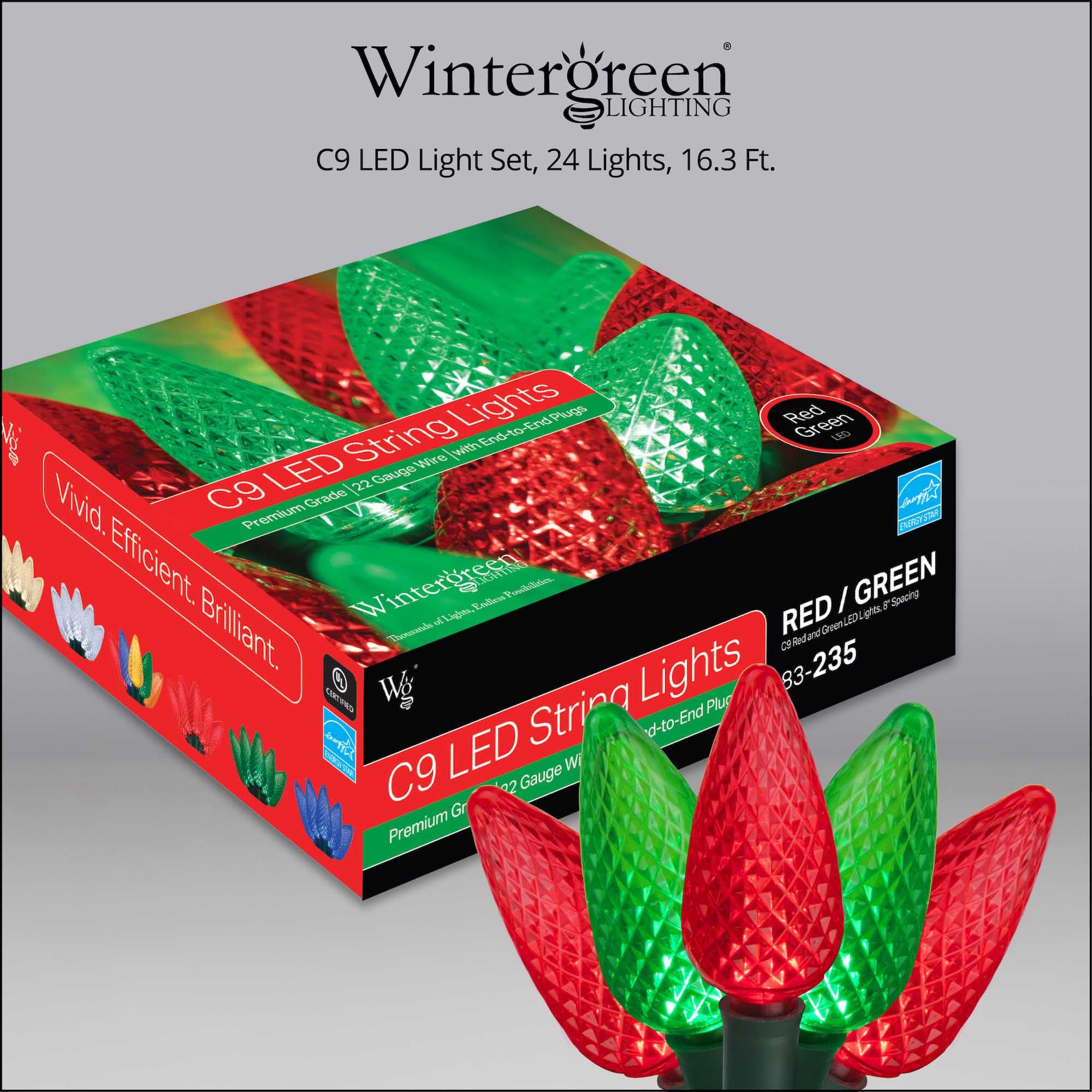 C9 Red and Green Christmas Lights Set of 24, 16.3 Ft, LED String Lights C9 Christmas Lights Red-Green Indoor-Outdoor LED Christmas Lights, IOS-4-24