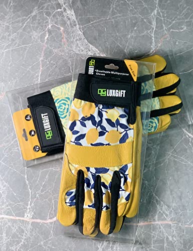 LUXGIFT Breathable Cowhide Leather Gardening Gloves for Yard Work, Outdoor, Construction, Motorcycle | Thorn Proof | Adjustable Wrist | Knuckles Protection | Lemon