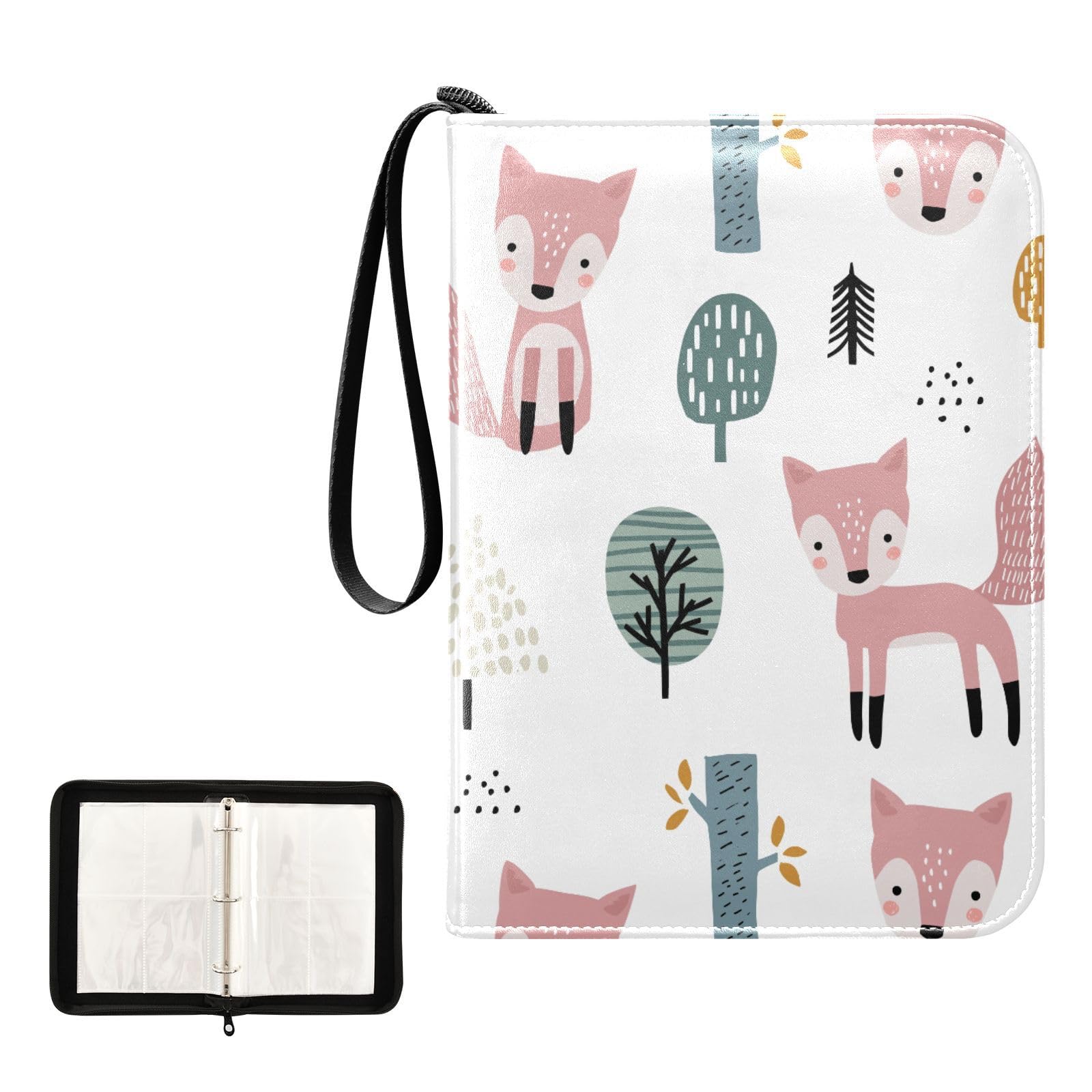 PYBUG Fox Trading Card Binder with Nylon Strap 4-Pocket Waterproof PU Leather Card Collection Binder for 400 Cards Sturdy Card Holder Folders for Game Cards,Sports Cards