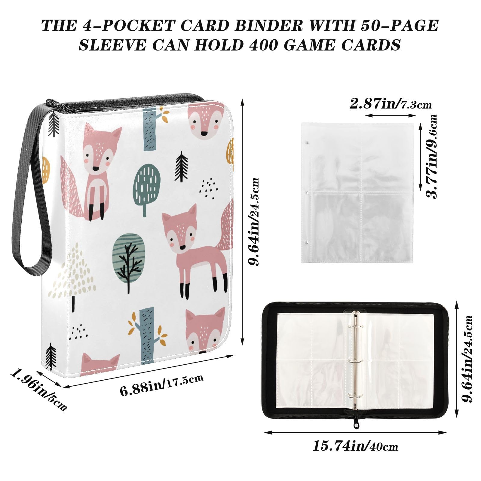 PYBUG Fox Trading Card Binder with Nylon Strap 4-Pocket Waterproof PU Leather Card Collection Binder for 400 Cards Sturdy Card Holder Folders for Game Cards,Sports Cards