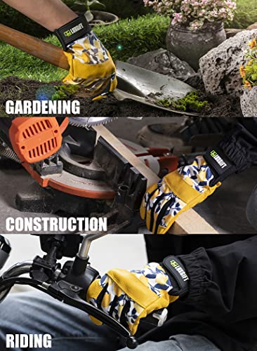 LUXGIFT Breathable Cowhide Leather Gardening Gloves for Yard Work, Outdoor, Construction, Motorcycle | Thorn Proof | Adjustable Wrist | Knuckles Protection | Lemon