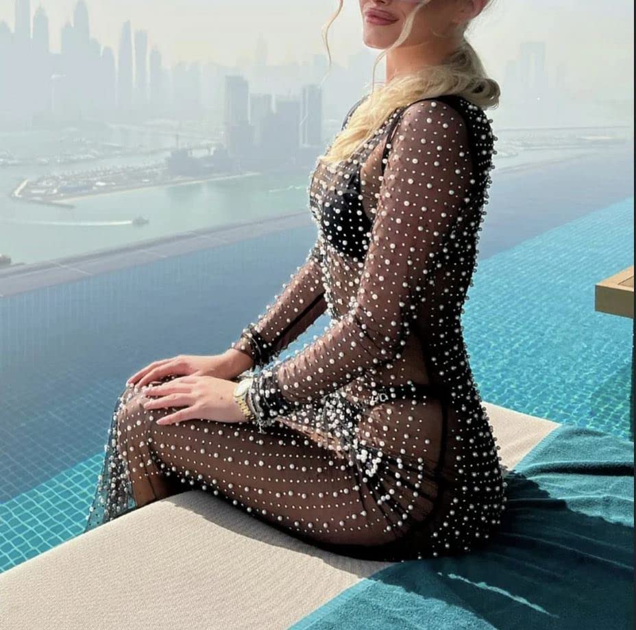 Willow Dance Women's Sheer Mesh Pearl Rhinestone Cover Up Beach Dress Swimwear Bikini Swimsuit Bathing Suit Coverups Black L