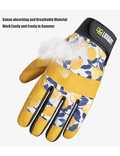LUXGIFT Breathable Cowhide Leather Gardening Gloves for Yard Work, Outdoor, Construction, Motorcycle | Thorn Proof | Adjustable Wrist | Knuckles Protection | Lemon