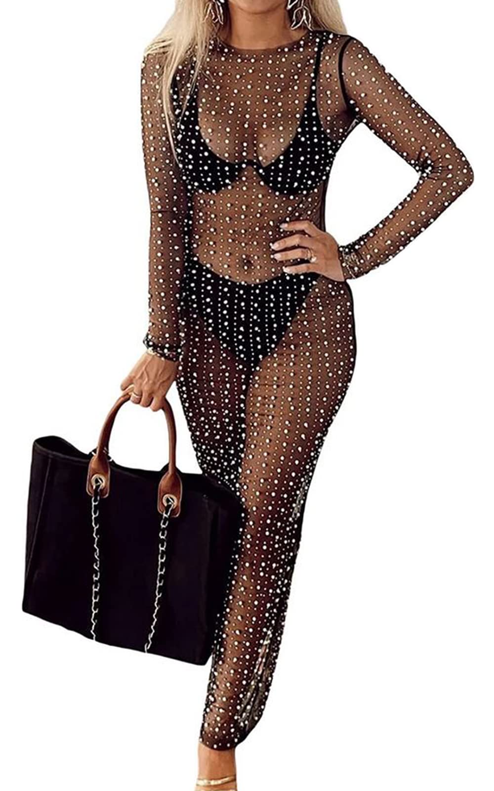 Willow Dance Women's Sheer Mesh Pearl Rhinestone Cover Up Beach Dress Swimwear Bikini Swimsuit Bathing Suit Coverups Black L