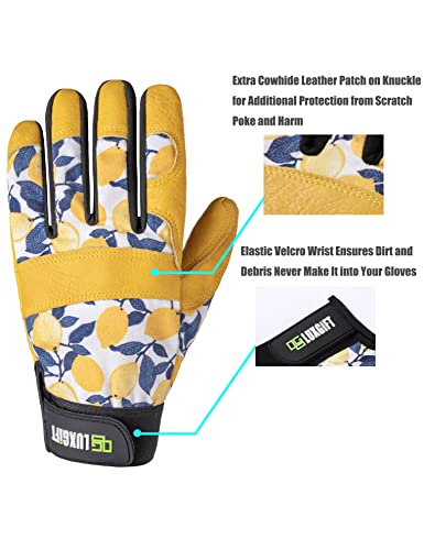 LUXGIFT Breathable Cowhide Leather Gardening Gloves for Yard Work, Outdoor, Construction, Motorcycle | Thorn Proof | Adjustable Wrist | Knuckles Protection | Lemon