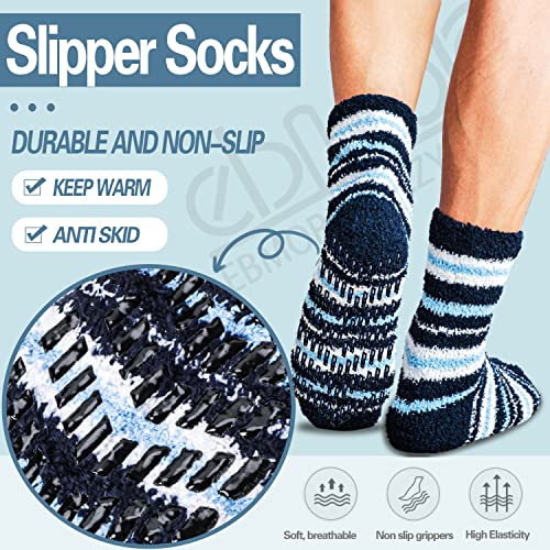 Fuzzy Socks for Men & Women Slipper Fluffy Warm Winter Non Slip Skid Thick Cozy Sleep Socks with Grips Cabin Soft Stocking Stuffers Christmas Gift Socks(Stripe 6 Pairs)