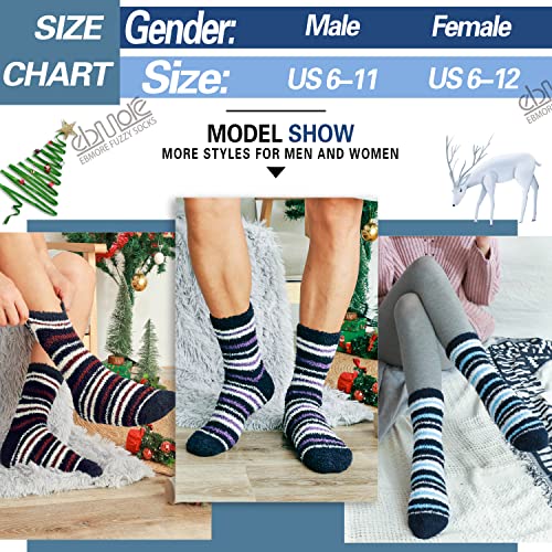 Fuzzy Socks for Men & Women Slipper Fluffy Warm Winter Non Slip Skid Thick Cozy Sleep Socks with Grips Cabin Soft Stocking Stuffers Christmas Gift Socks(Stripe 6 Pairs)