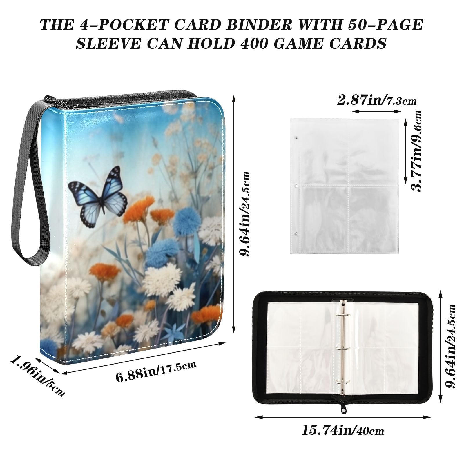 PYBUG Butterfly Trading Card Binder with Nylon Strap 4-Pocket Waterproof PU Leather Card Collection Binder for 400 Cards Sturdy Card Holder Folders for Game Cards,Sports Cards