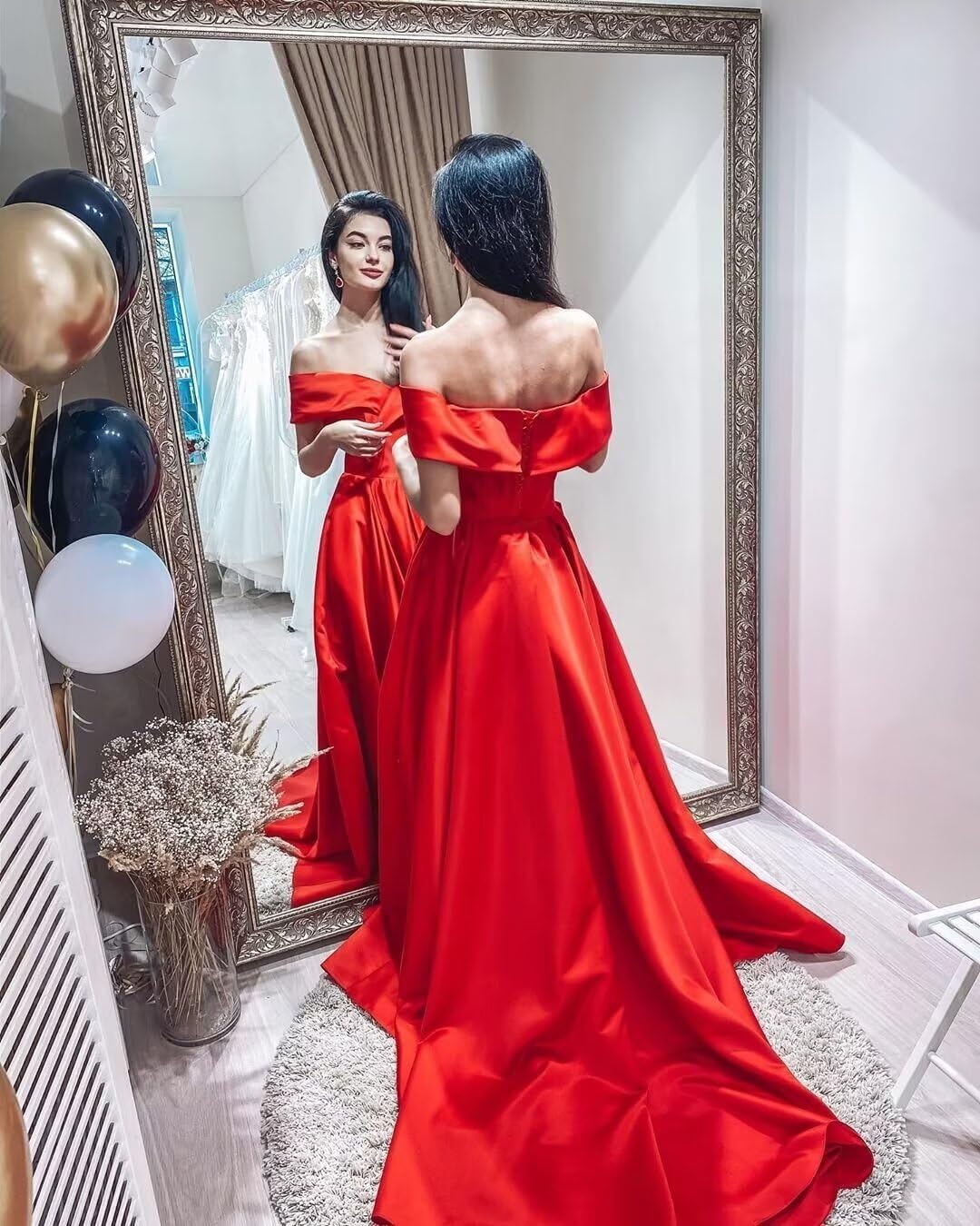 Off Shoulder Satin Prom Dresses Ball Gown Plus Size Formal Dresses for Women Wedding Dress with Slit,Red Size 10