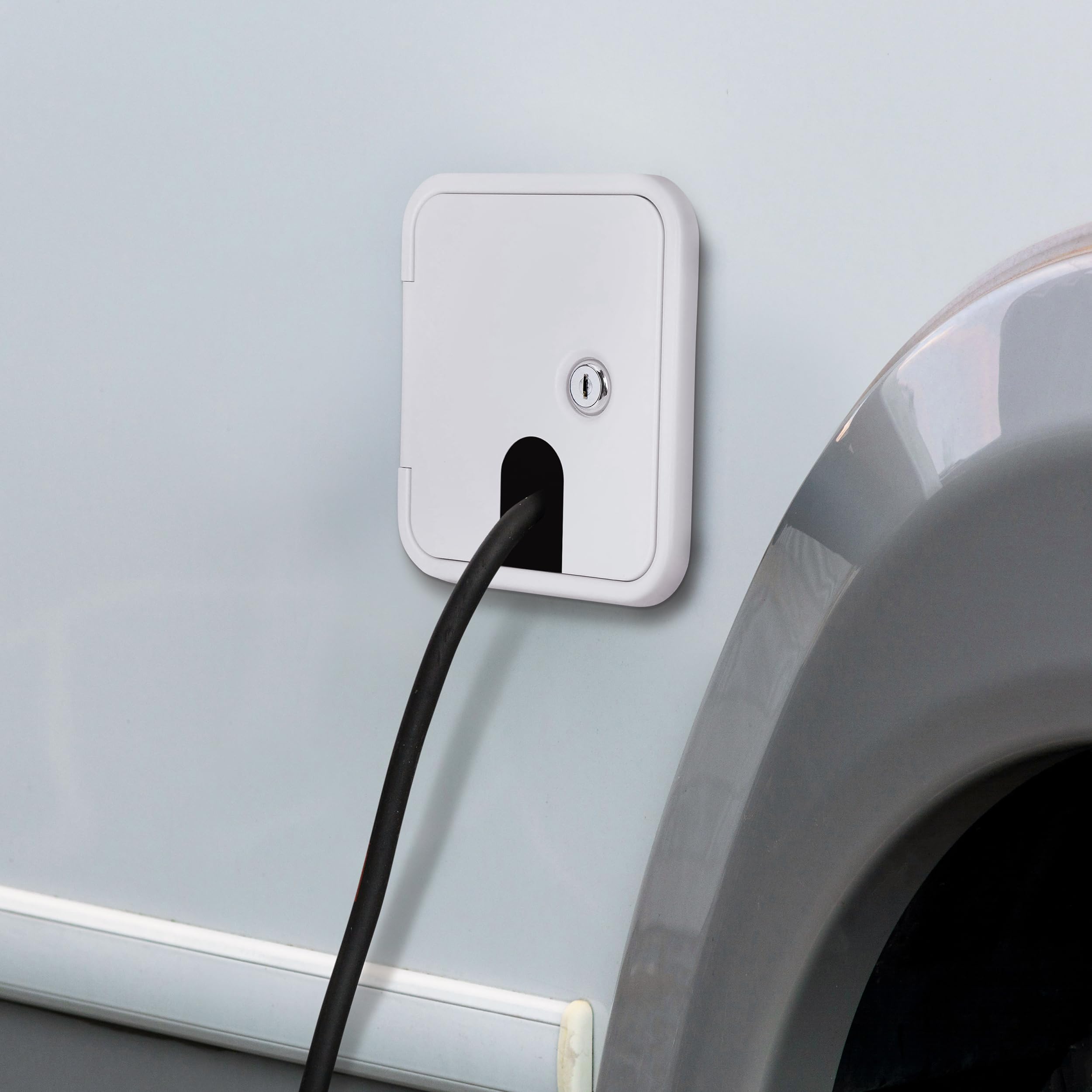 Dumble Low Profile Electric Cable Hatch RV Electric Cord β White RV Camper Electric Cord Cover, 6in x 6.5in Square