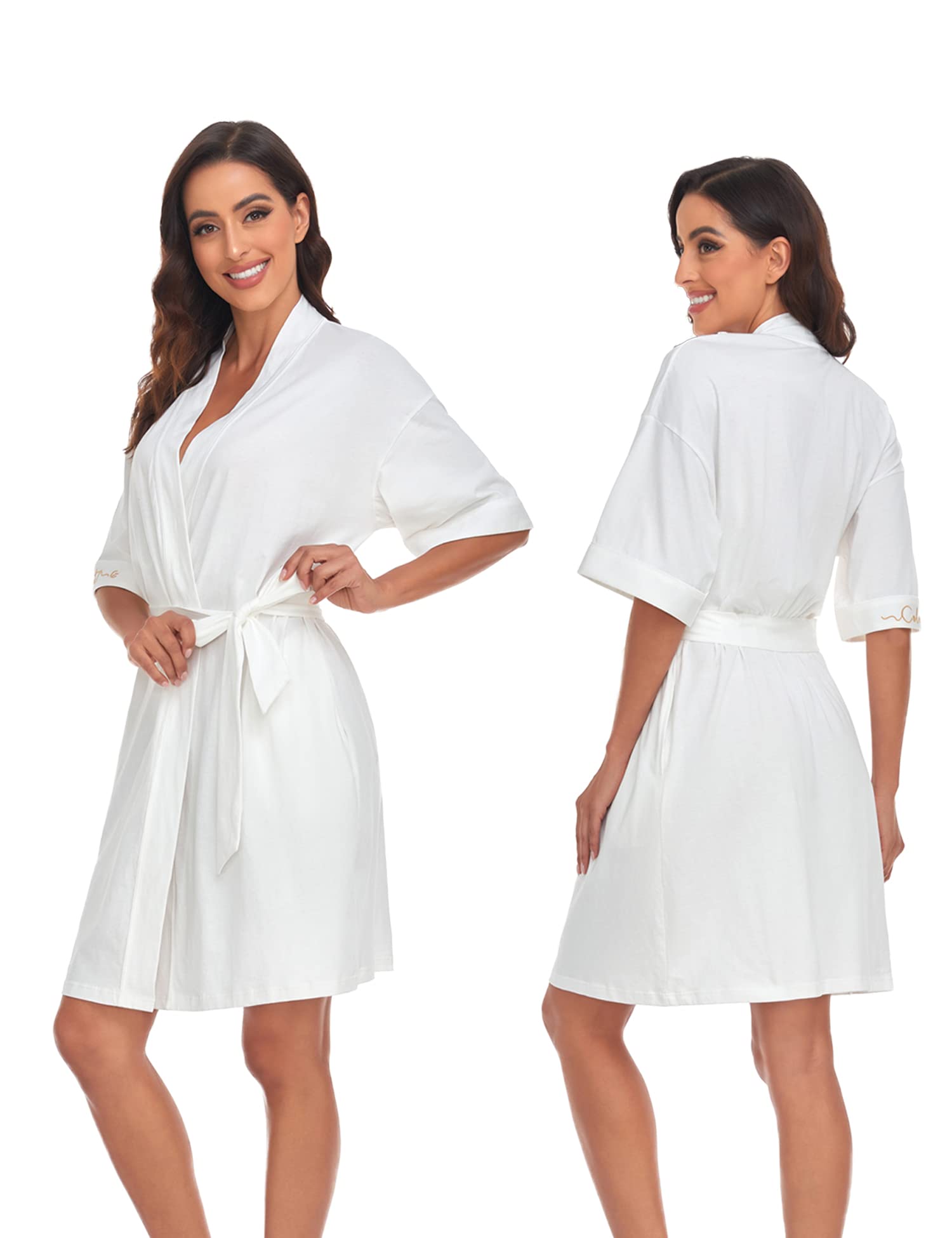 COLORFULLEAF Women's 100% Cotton Robes Summer Short Sleeve Bathrobe Knee Length Sleepwear with Pockets(White,M)