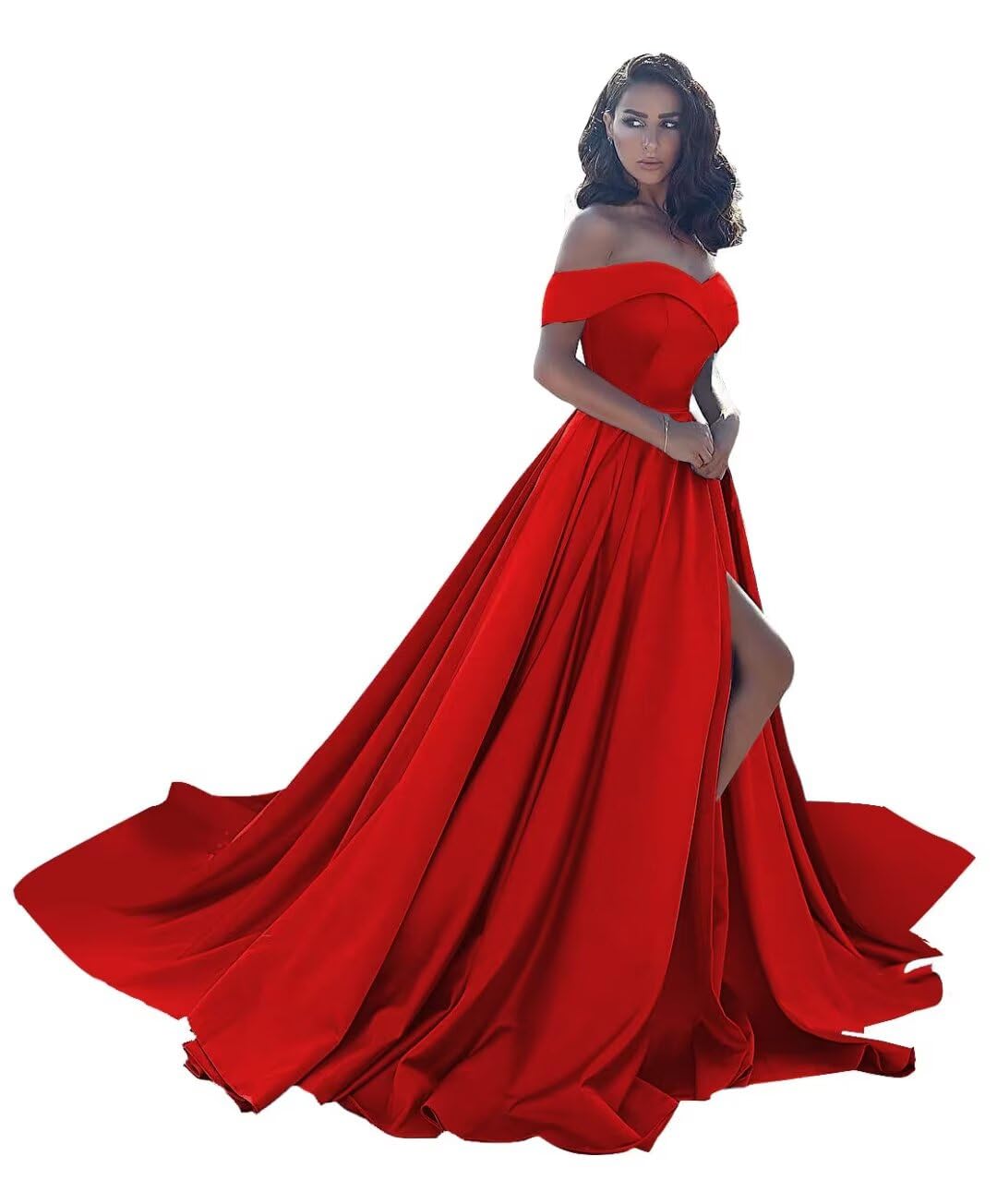Off Shoulder Satin Prom Dresses Ball Gown Plus Size Formal Dresses for Women Wedding Dress with Slit,Red Size 10