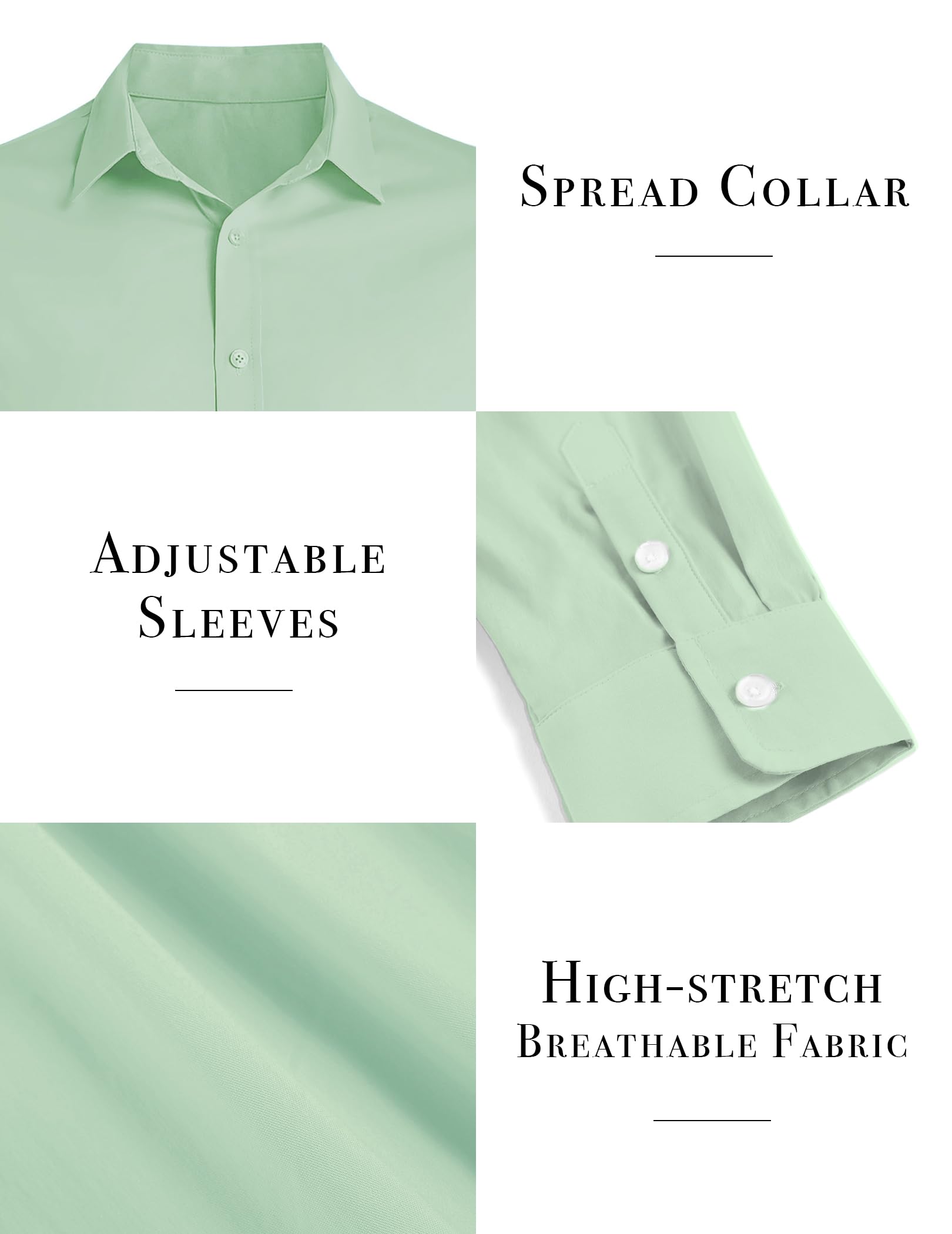 ZAFUL Mens Dress Shirts Slim Fit Button Down Long Sleeve Stretch Collared Shirt Cotton Wrinkle Free Button Up Mens Tops Light Green Small