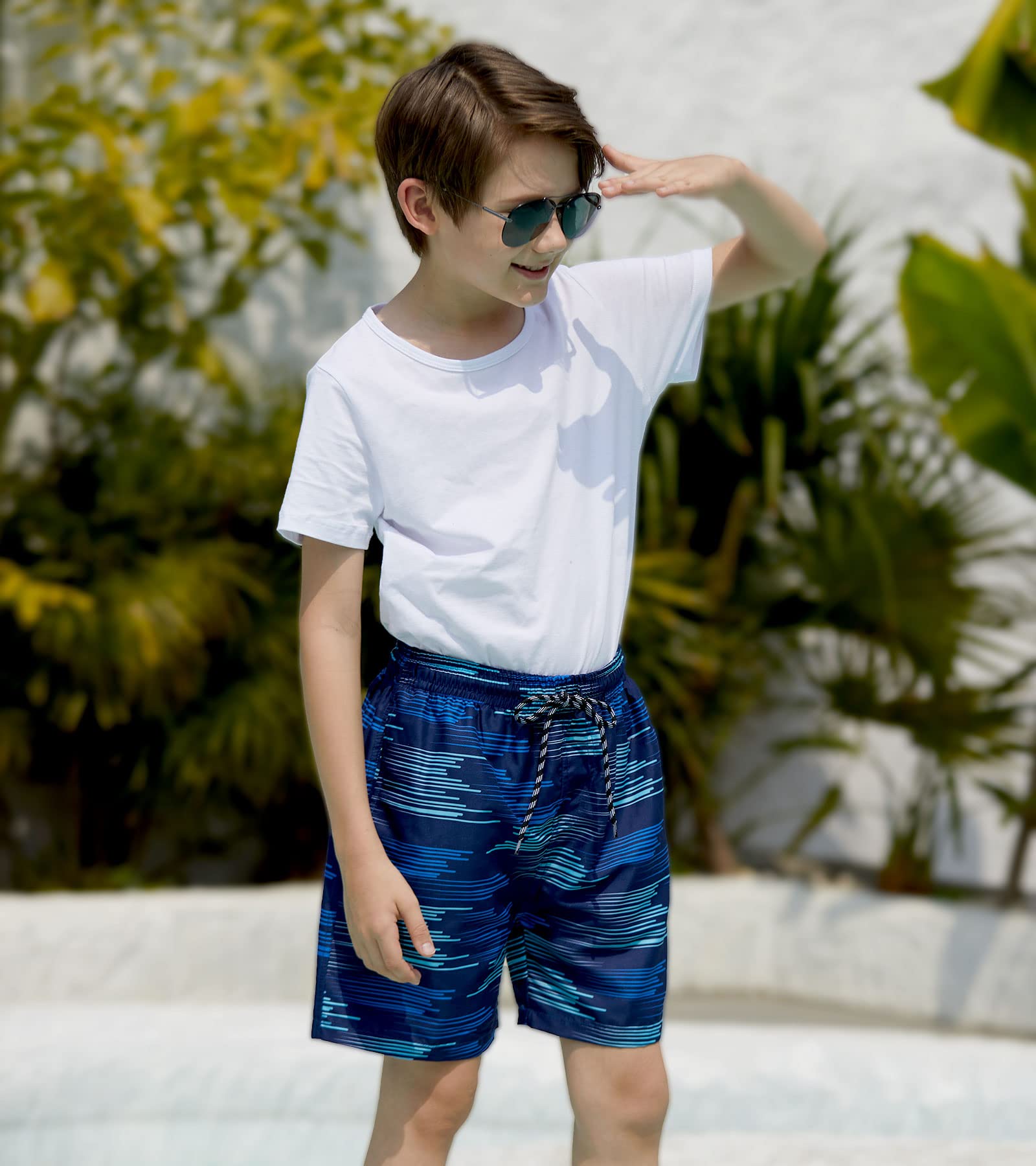 Cozople Boys Swimming Trunk with Boxer Brief Liner UPF Swim Shorts Compression Stretchy Bathing Suits Blue Grass Boardshorts Quick Dry Swimwear Size 10-12