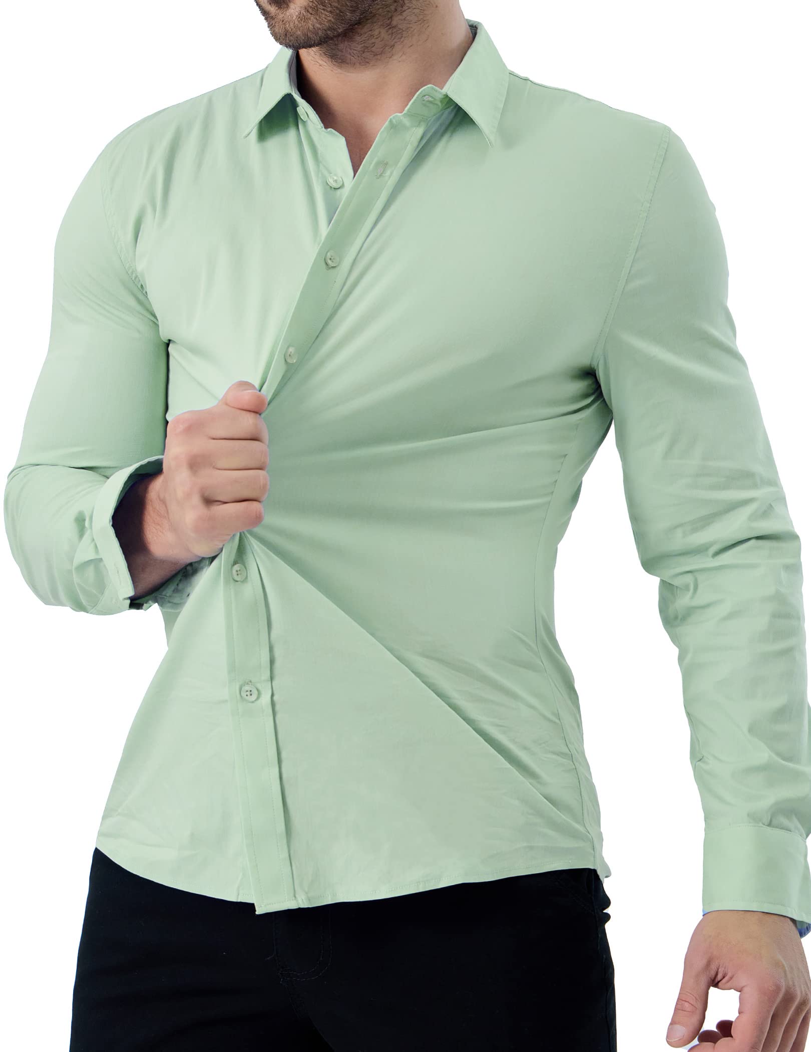 ZAFUL Mens Dress Shirts Slim Fit Button Down Long Sleeve Stretch Collared Shirt Cotton Wrinkle Free Button Up Mens Tops Light Green Small