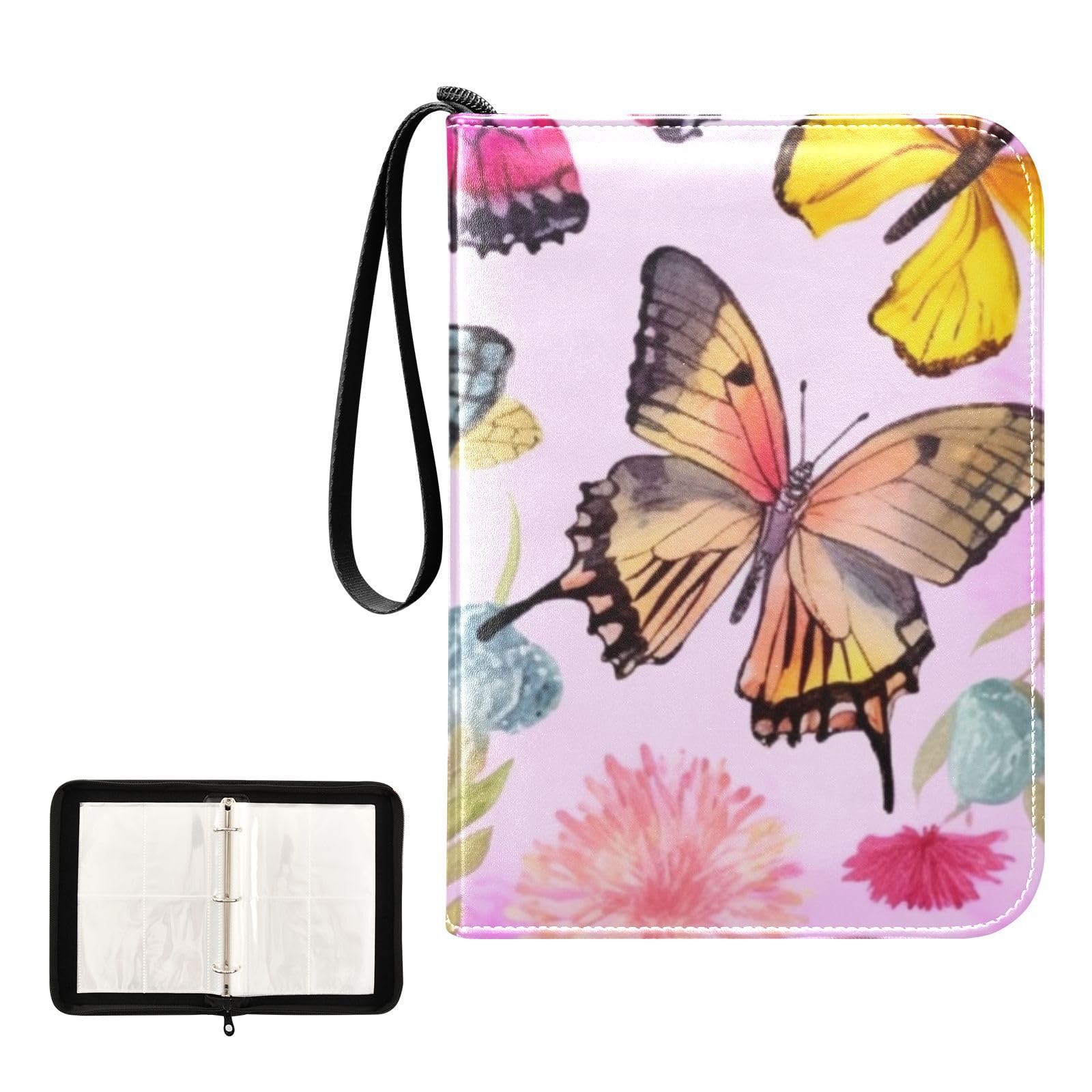 PYBUG Butterfly Trading Card Binder with Nylon Strap 4-Pocket Waterproof PU Leather Card Collection Binder for 400 Cards Sturdy Card Holder Folders for Game Cards,Sports Cards