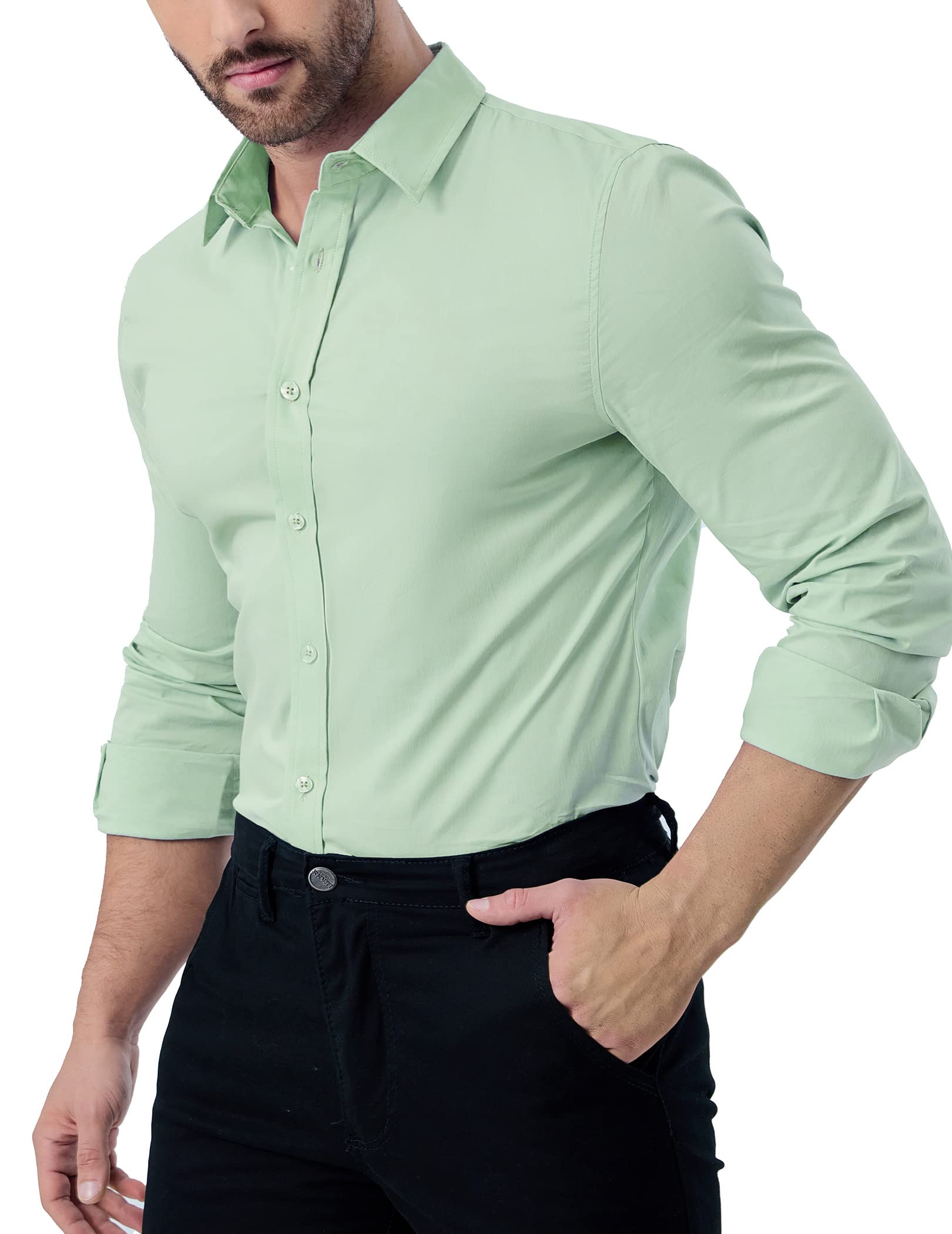 ZAFUL Mens Dress Shirts Slim Fit Button Down Long Sleeve Stretch Collared Shirt Cotton Wrinkle Free Button Up Mens Tops Light Green Small