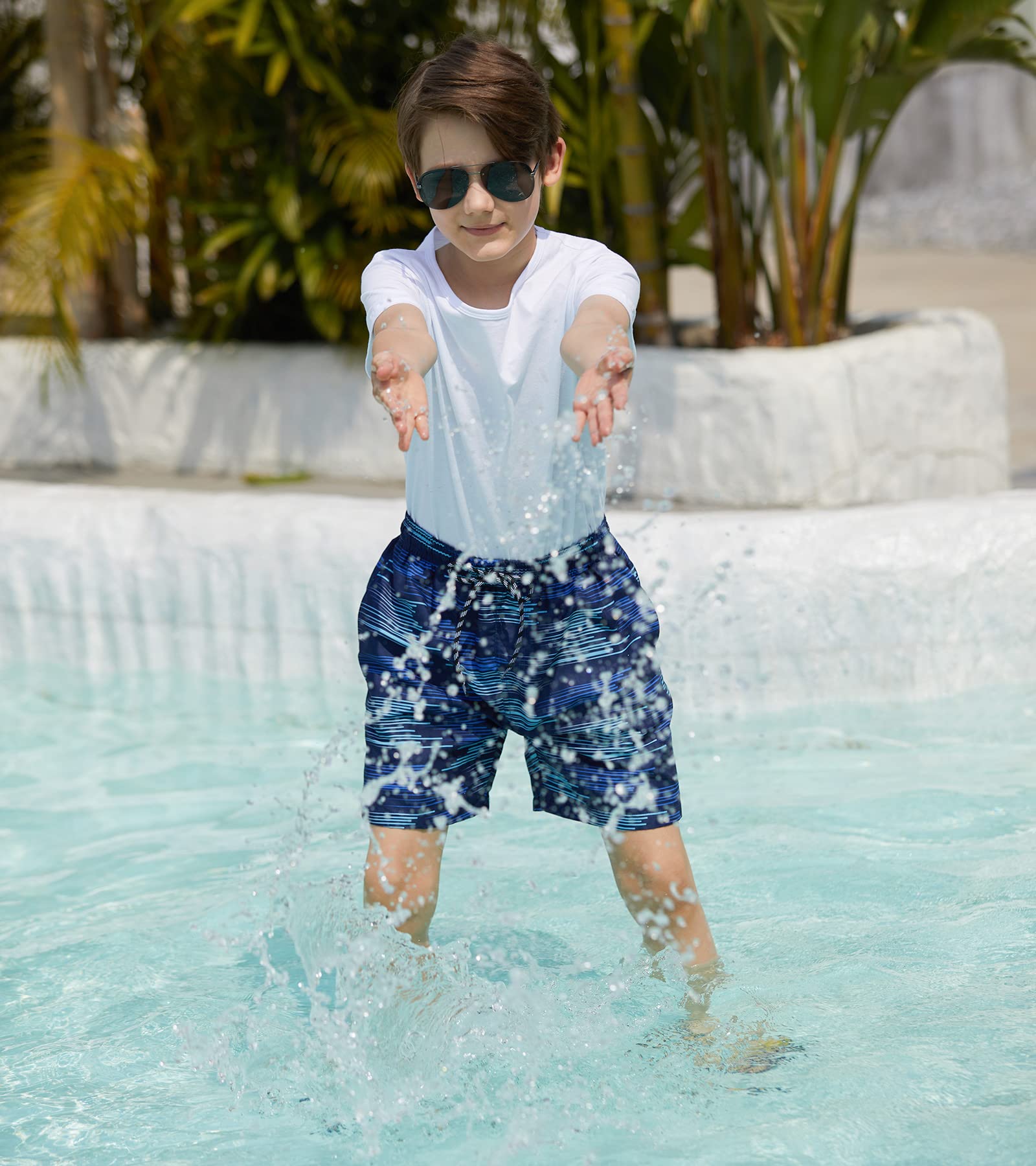 Cozople Boys Swimming Trunk with Boxer Brief Liner UPF Swim Shorts Compression Stretchy Bathing Suits Blue Grass Boardshorts Quick Dry Swimwear Size 10-12