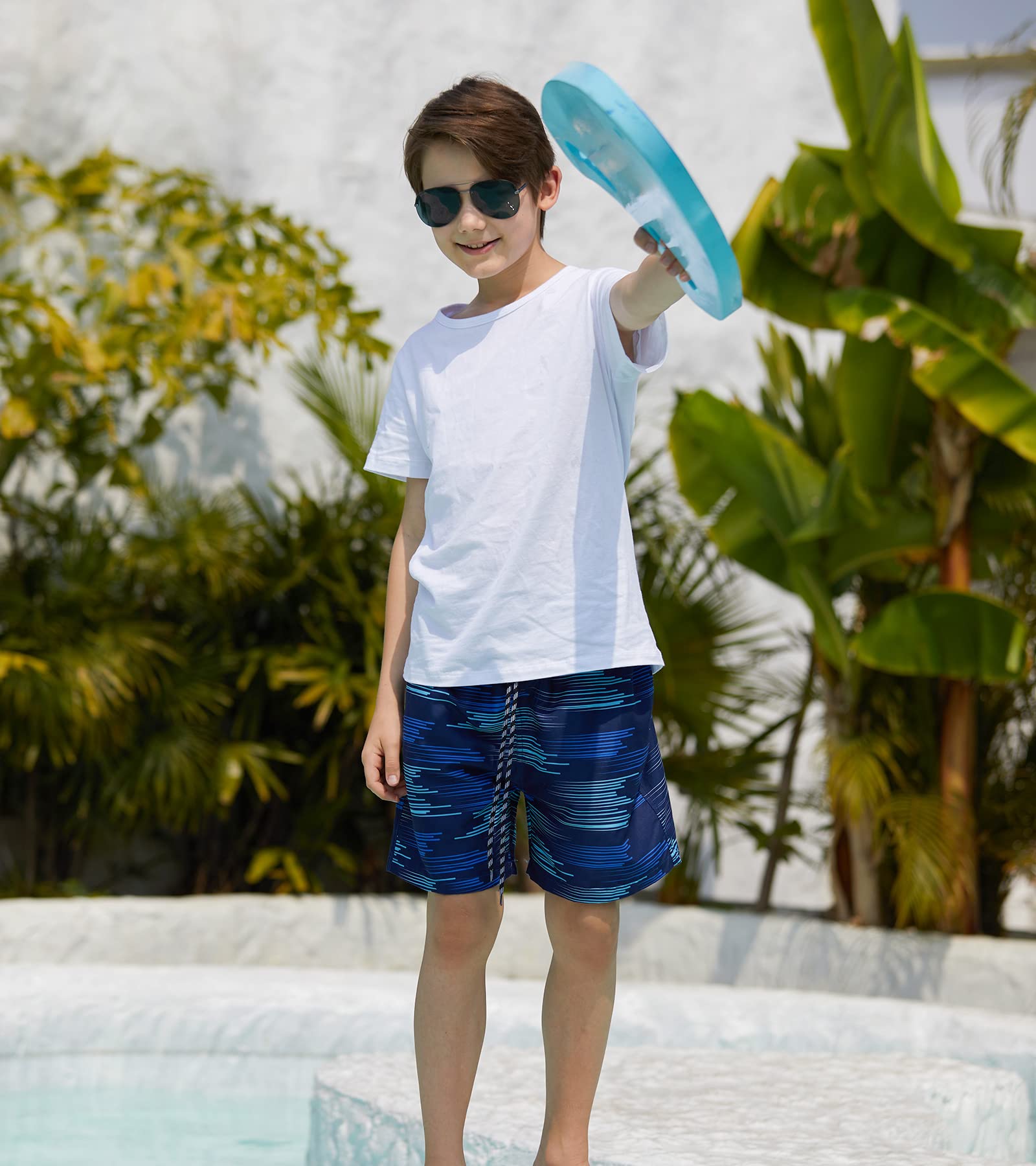 Cozople Boys Swimming Trunk with Boxer Brief Liner UPF Swim Shorts Compression Stretchy Bathing Suits Blue Grass Boardshorts Quick Dry Swimwear Size 10-12
