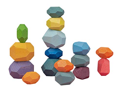Atzi Hats 16 Balancing Wooden Blocks Stocking Stuffers for Toddlers Montessori Multicolored Stacking Stones Building Sensory Fun Educational Toy Motor Skills, Learning, Color and Shape Recognition