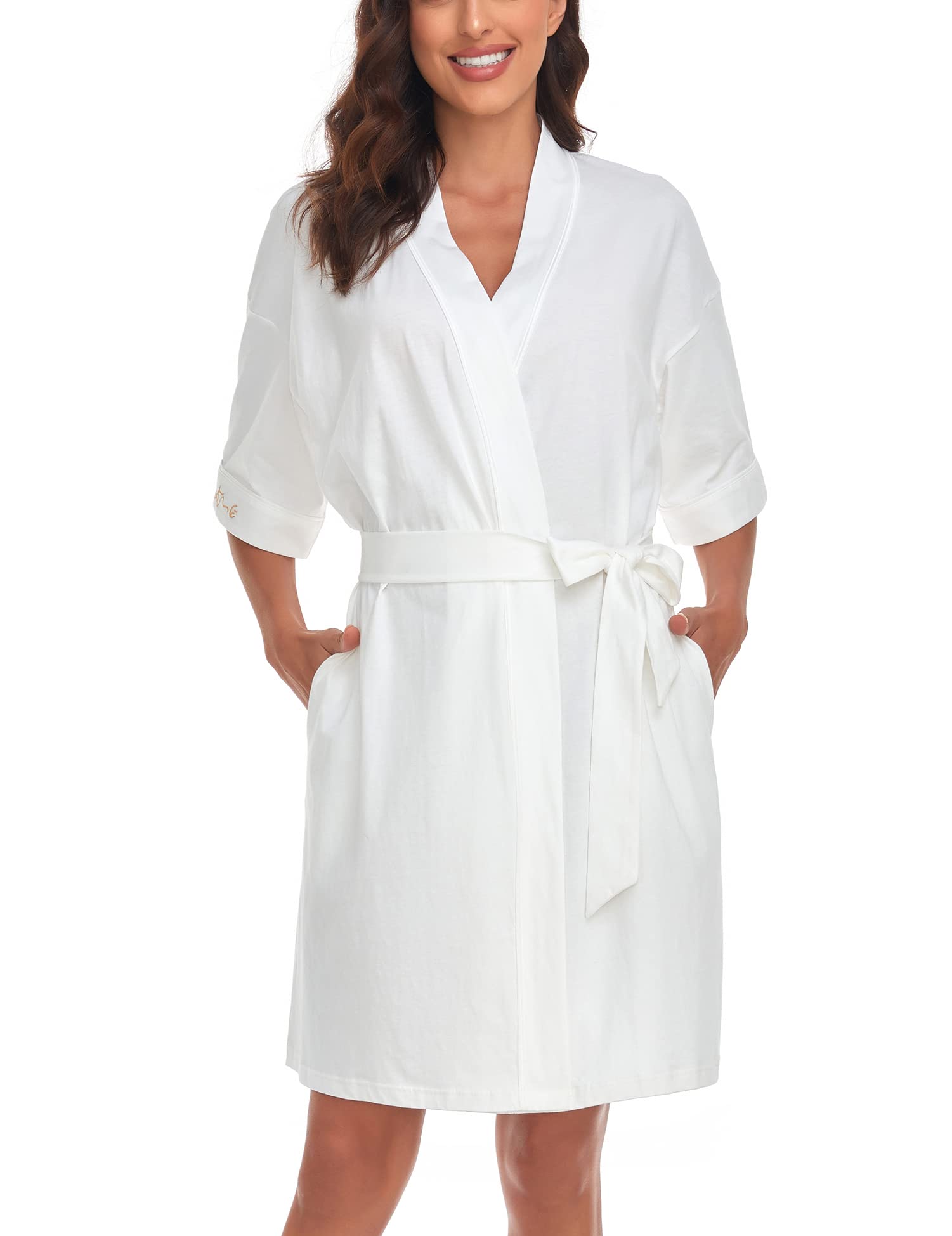 COLORFULLEAF Women's 100% Cotton Robes Summer Short Sleeve Bathrobe Knee Length Sleepwear with Pockets(White,M)