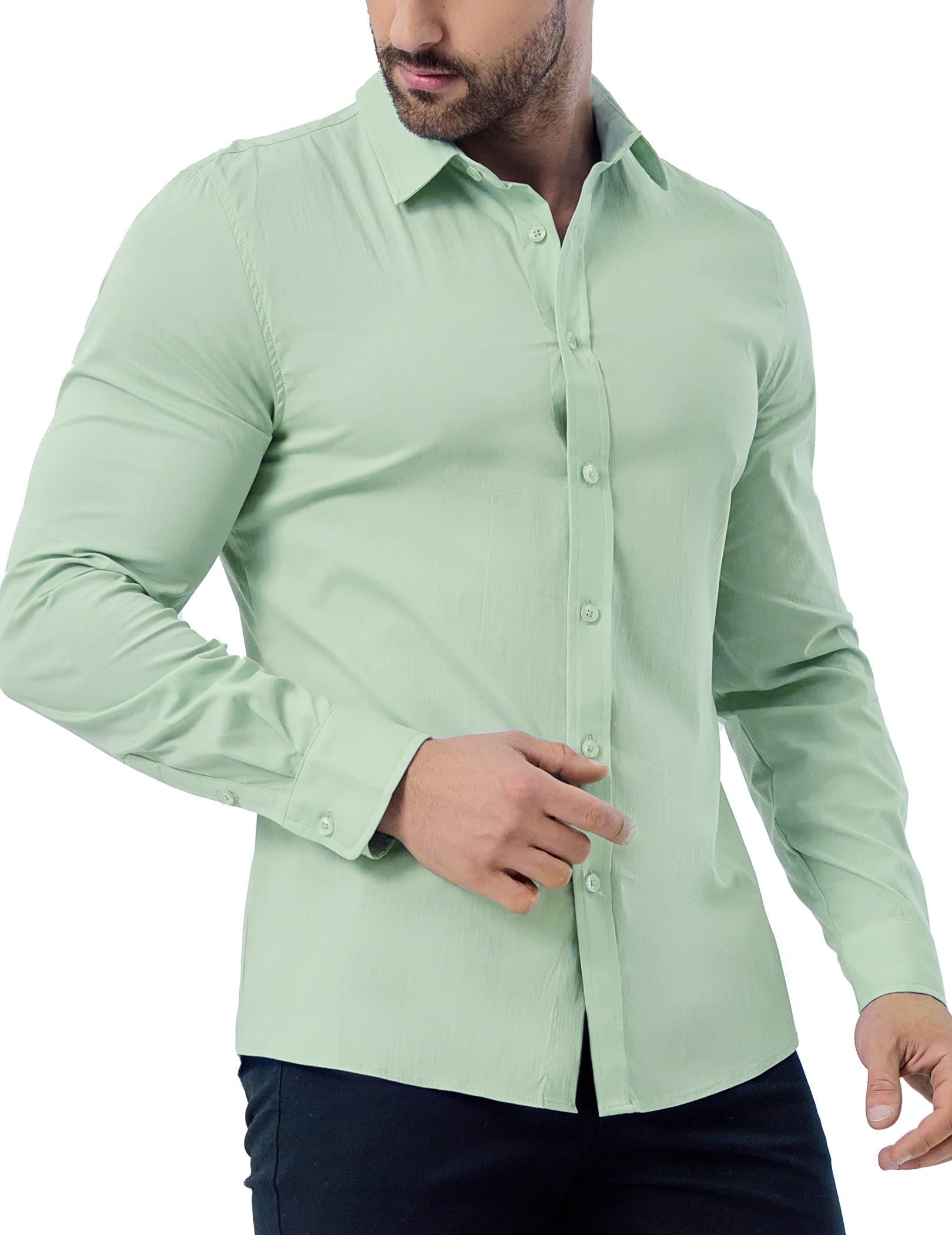 ZAFUL Mens Dress Shirts Slim Fit Button Down Long Sleeve Stretch Collared Shirt Cotton Wrinkle Free Button Up Mens Tops Light Green Small