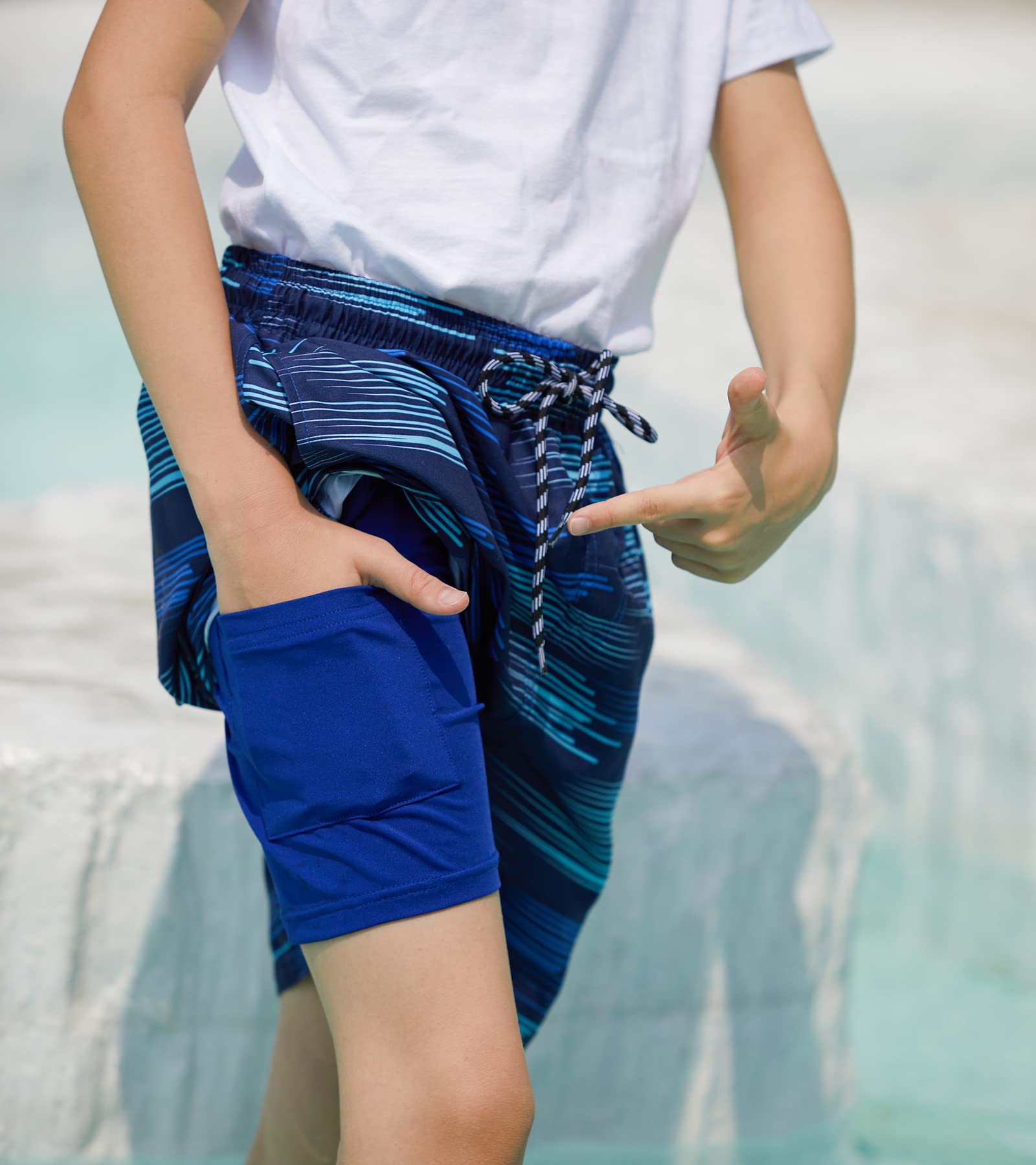Cozople Boys Swimming Trunk with Boxer Brief Liner UPF Swim Shorts Compression Stretchy Bathing Suits Blue Grass Boardshorts Quick Dry Swimwear Size 10-12