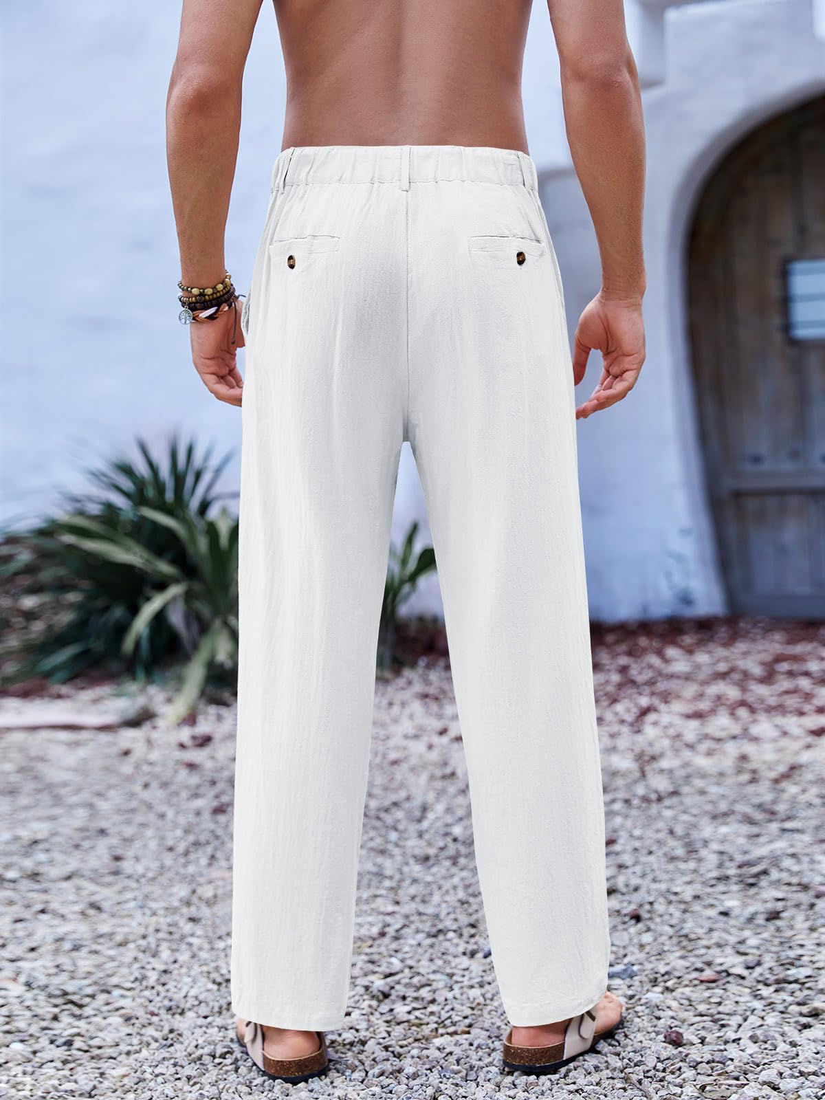 PASLTER Mens Cotton Pants Drawstring Casual Jogger Yoga Beach Pant Elastic Waist Slim Fit Trousers for Men White