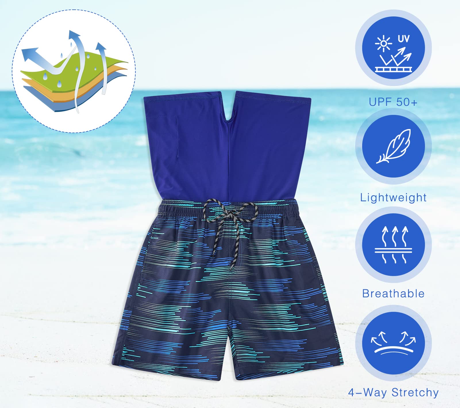 Cozople Boys Swimming Trunk with Boxer Brief Liner UPF Swim Shorts Compression Stretchy Bathing Suits Blue Grass Boardshorts Quick Dry Swimwear Size 10-12