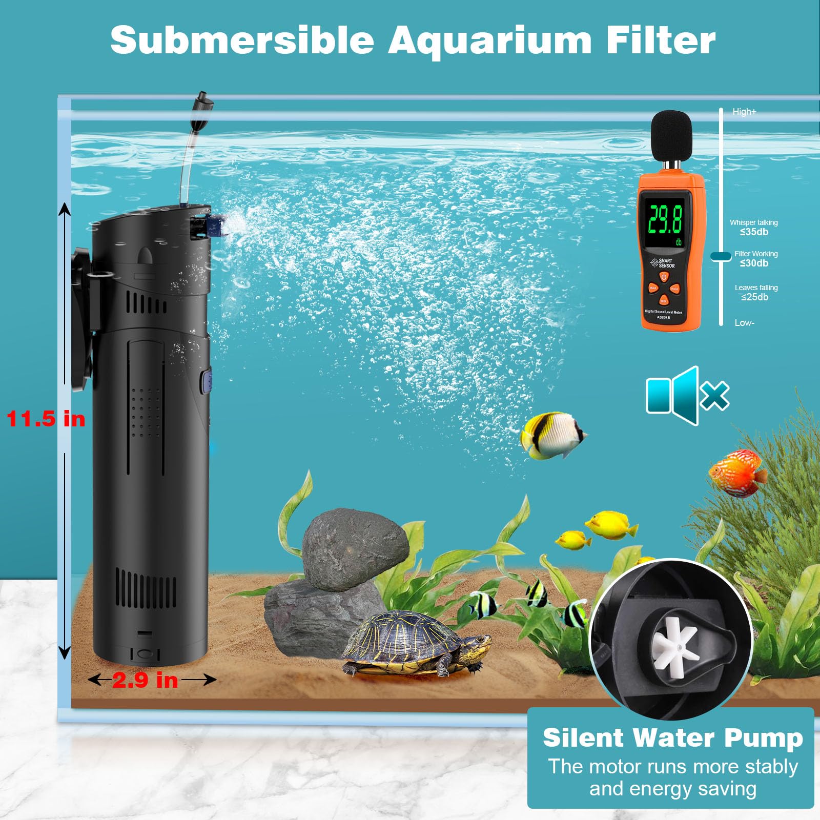FishCheers Aquarium Filter for 25-198 Gal Fish Tanks, Green Killing Machine with 9W U-V Light Small Fish Tank Filters, Maximum Flow 185 GPH Submersible Aquarium Filter