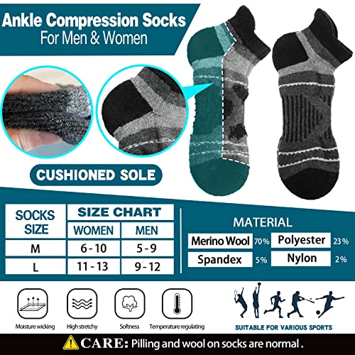 Merino Wool Ankle Hiking Socks Compression Warm Winter Thermal Thick Cushion No Show Running Moisture Wicking Socks Gifts Stocking Stuffers for Men Women 6 Pairs(Black,L)