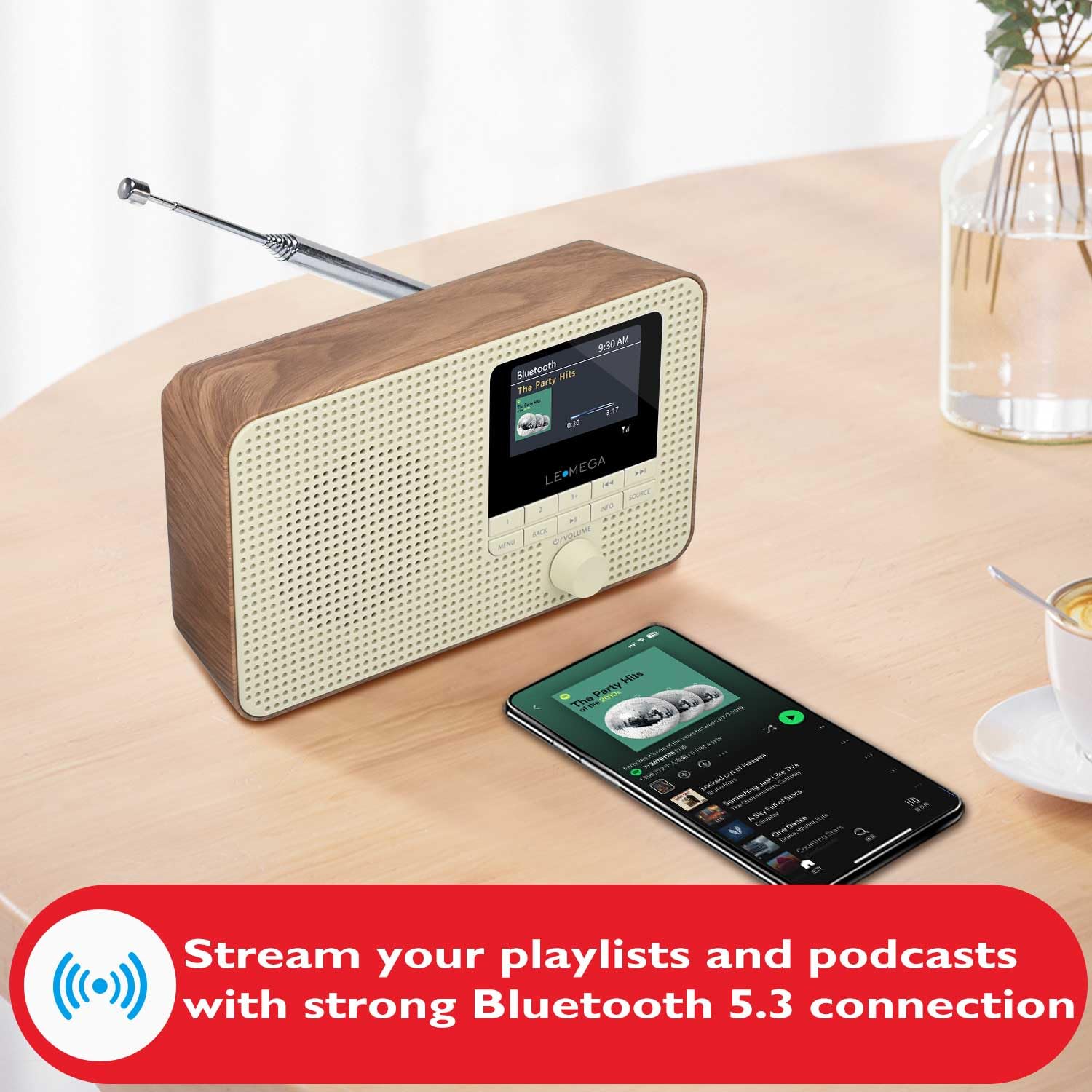 LEMEGA IR1 Portable WiFi Internet Radio,FM Digital Radio,Bluetooth Speaker,Dual Alarms Clock,Sleep Snooze Timer,40 Presets, Headphone-Output,Colour Display,Batteries or Mains Powered โ Walnut Finish